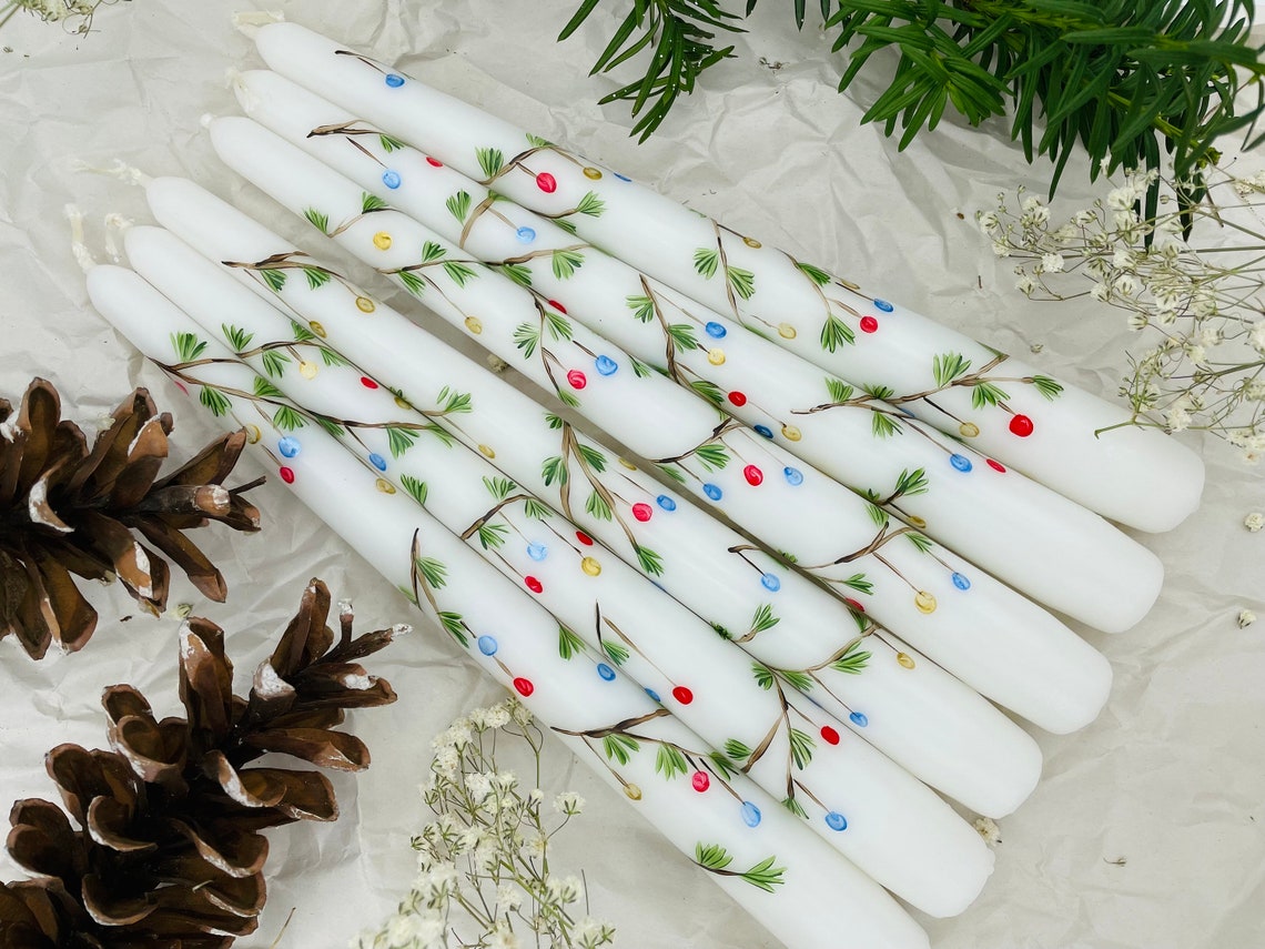 Set of 2 Hand Painted Christmas Candles, Christmas Candlestick, Taper ...