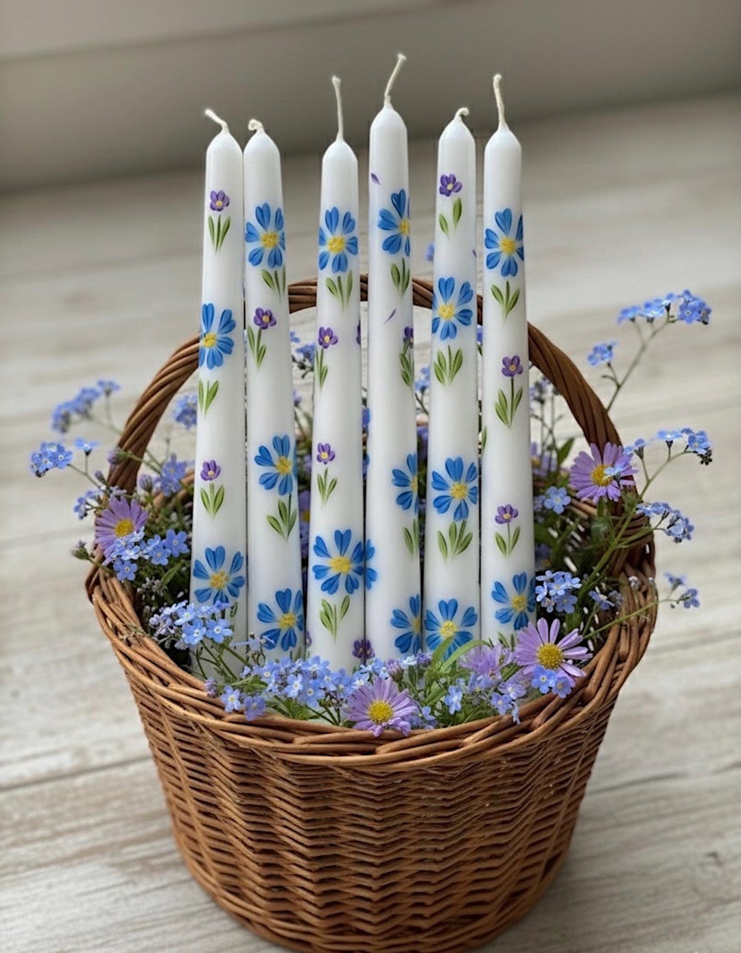 Set of 2 Hand Painted Taper Candles , Floral Taper Candles , Flower ...