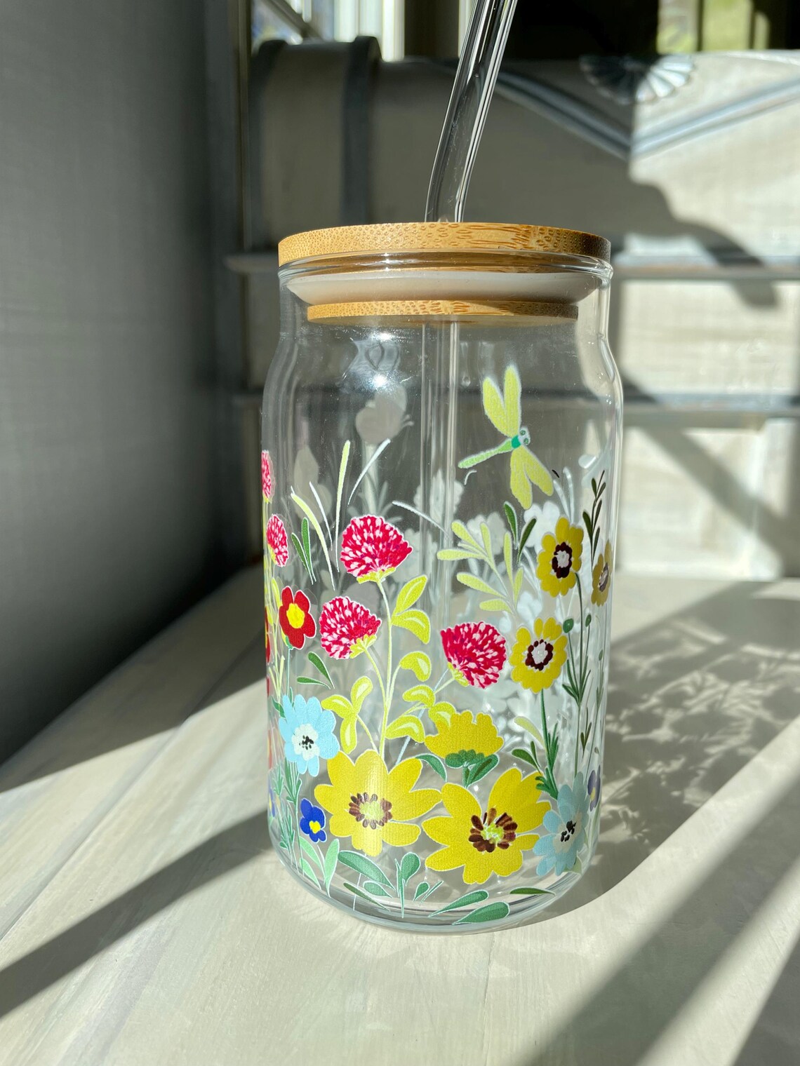 Colorful Garden Glass Can With Lid and Straw, 16oz Glass Can, UV Print ...
