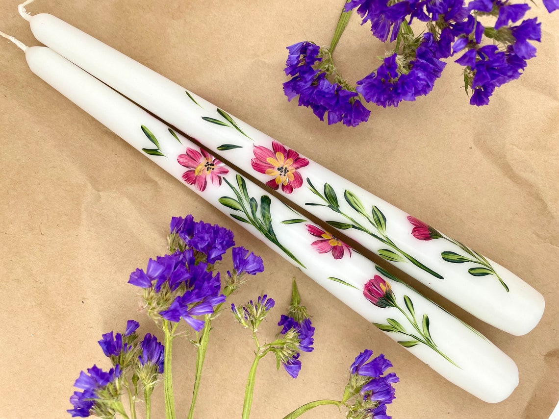 Hand Painted Floral Taper Candles - Set of 2 - Table Decor - Etsy