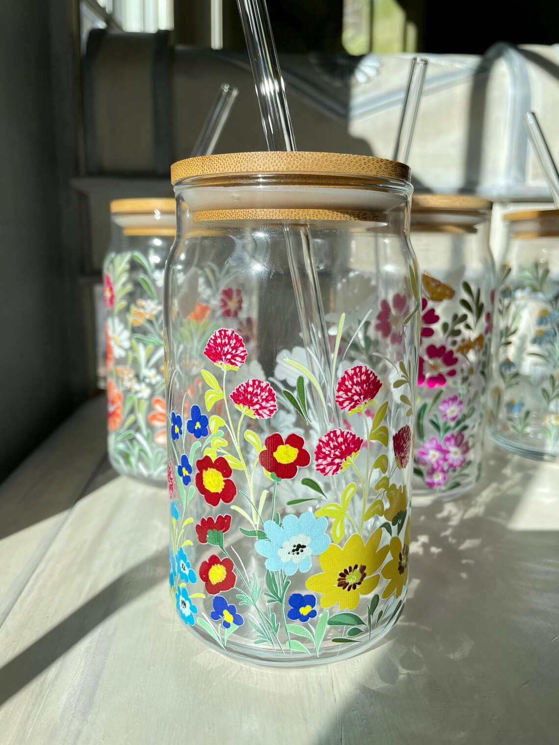 Colorful Garden Glass Can With Lid and Straw, 16oz Glass Can, UV Print ...