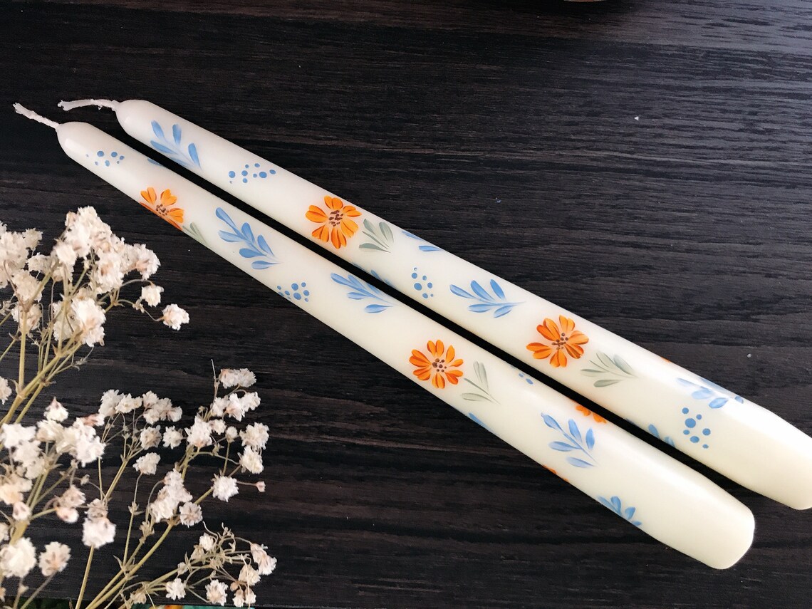 Set of 2 Hand Painted Taper Candles Ivory Colored Candles - Etsy