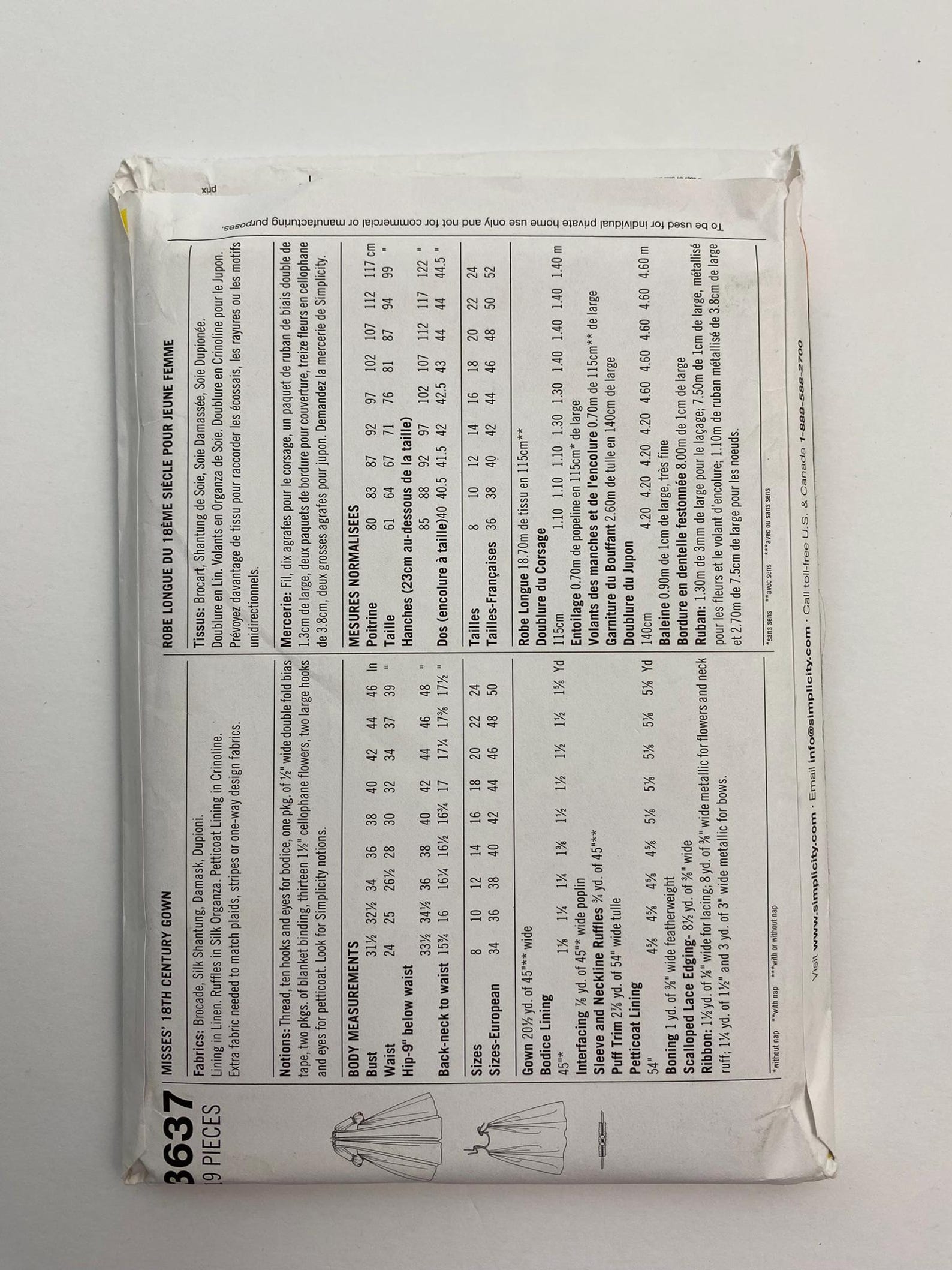 Simplicity 3637 French Revolution Dress Pattern Uncut Size U5 (16-18-20 ...