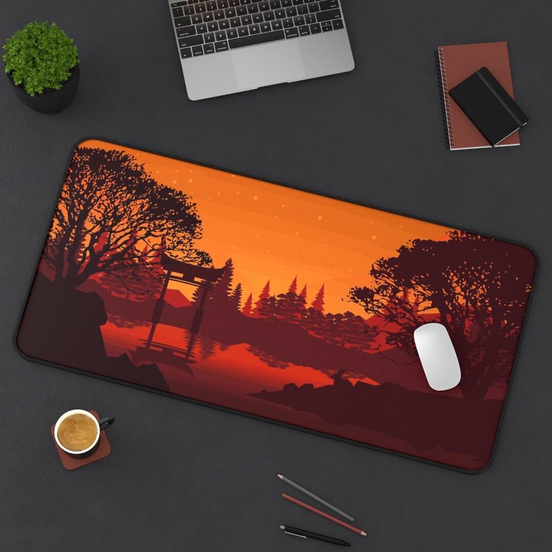 Japanese Forest Sunset Desk Mat Gaming Office, Colorful Landscape Lake ...