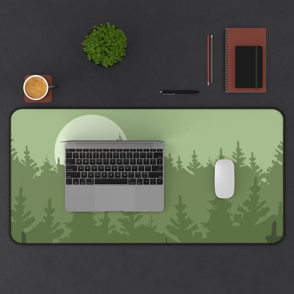Monochrome Green Forest Moon Desk Mat, Trees Landscape Office Desk Pad ...