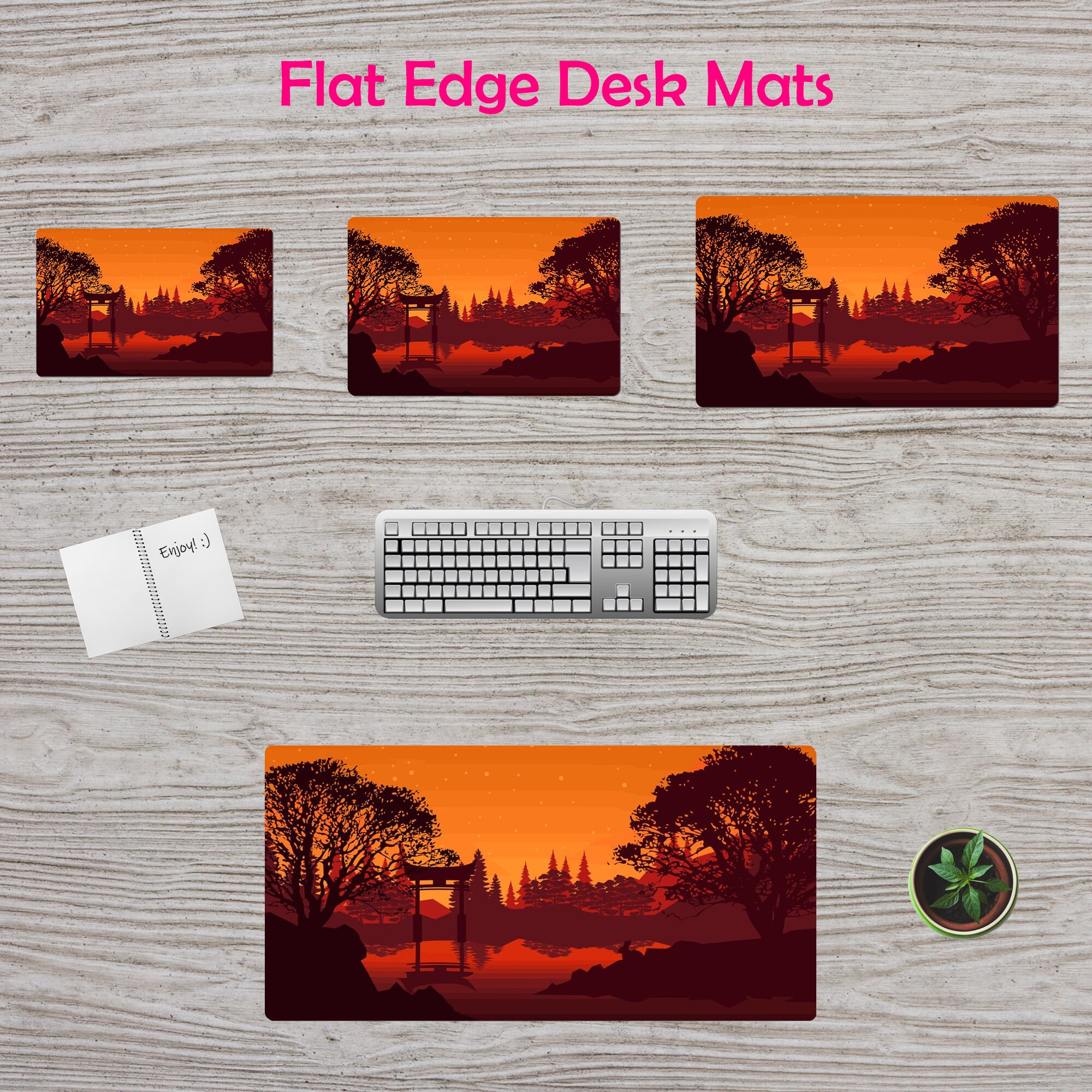 Japanese Forest Sunset Desk Mat Gaming Office, Colorful Landscape Lake ...