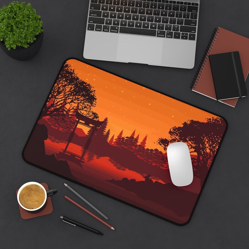 Japanese Forest Sunset Desk Mat Gaming Office, Colorful Landscape Lake ...