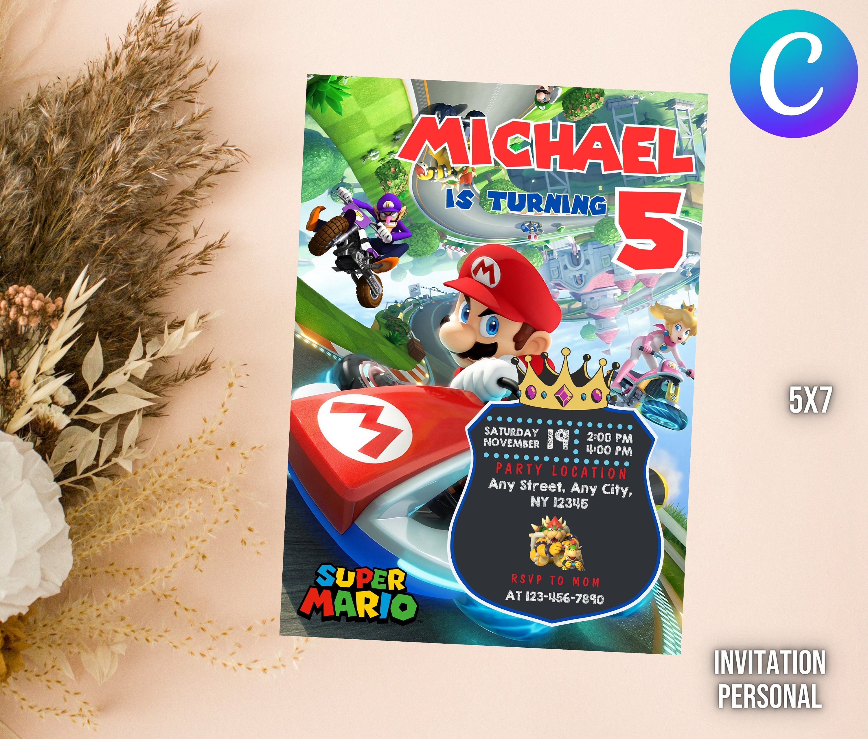 Personalized and Editable Super Mario Kart Theme Video Game Birthday ...