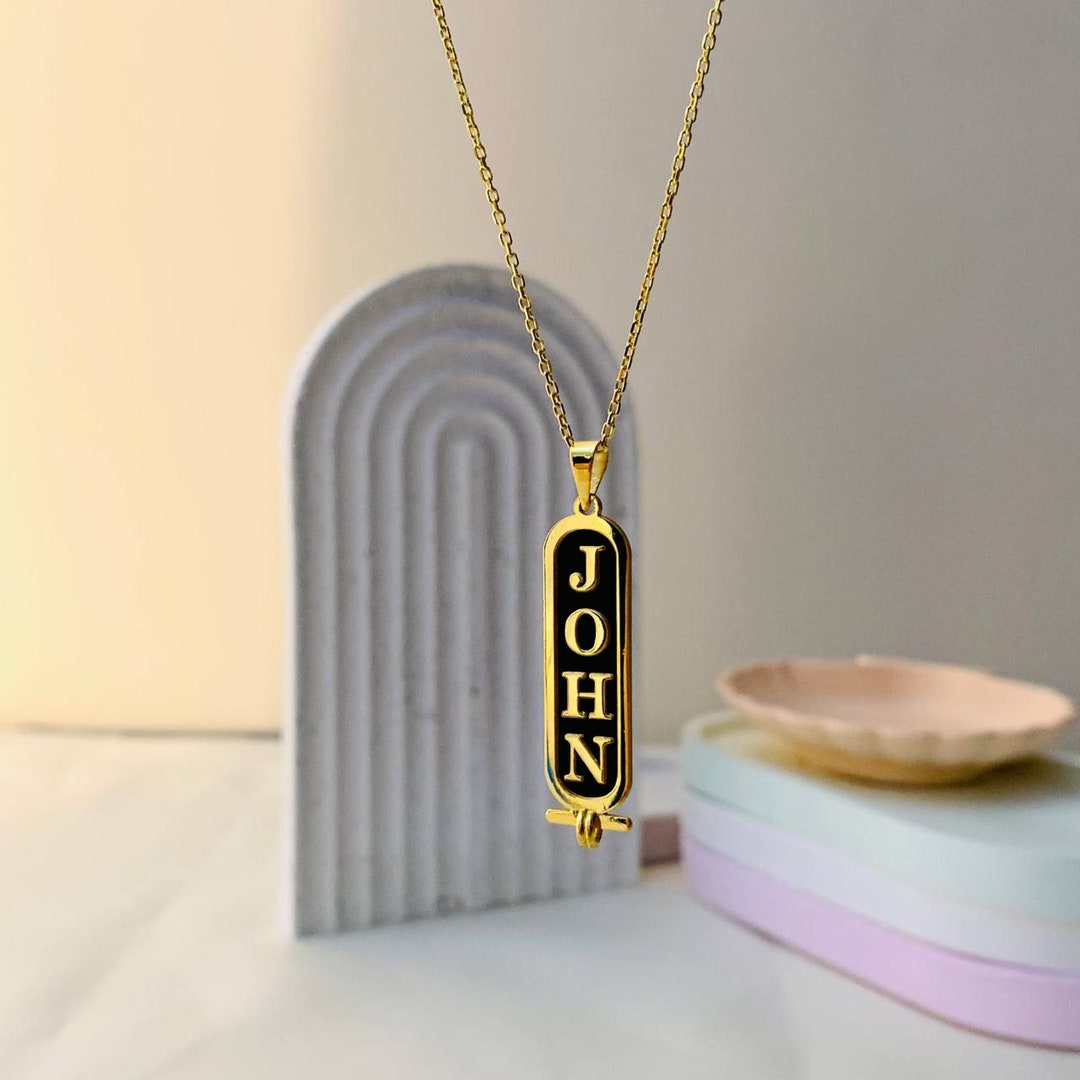 Cartouche Necklace, 14K Gold Cartouche Name Necklace, Bar Name Necklace ...