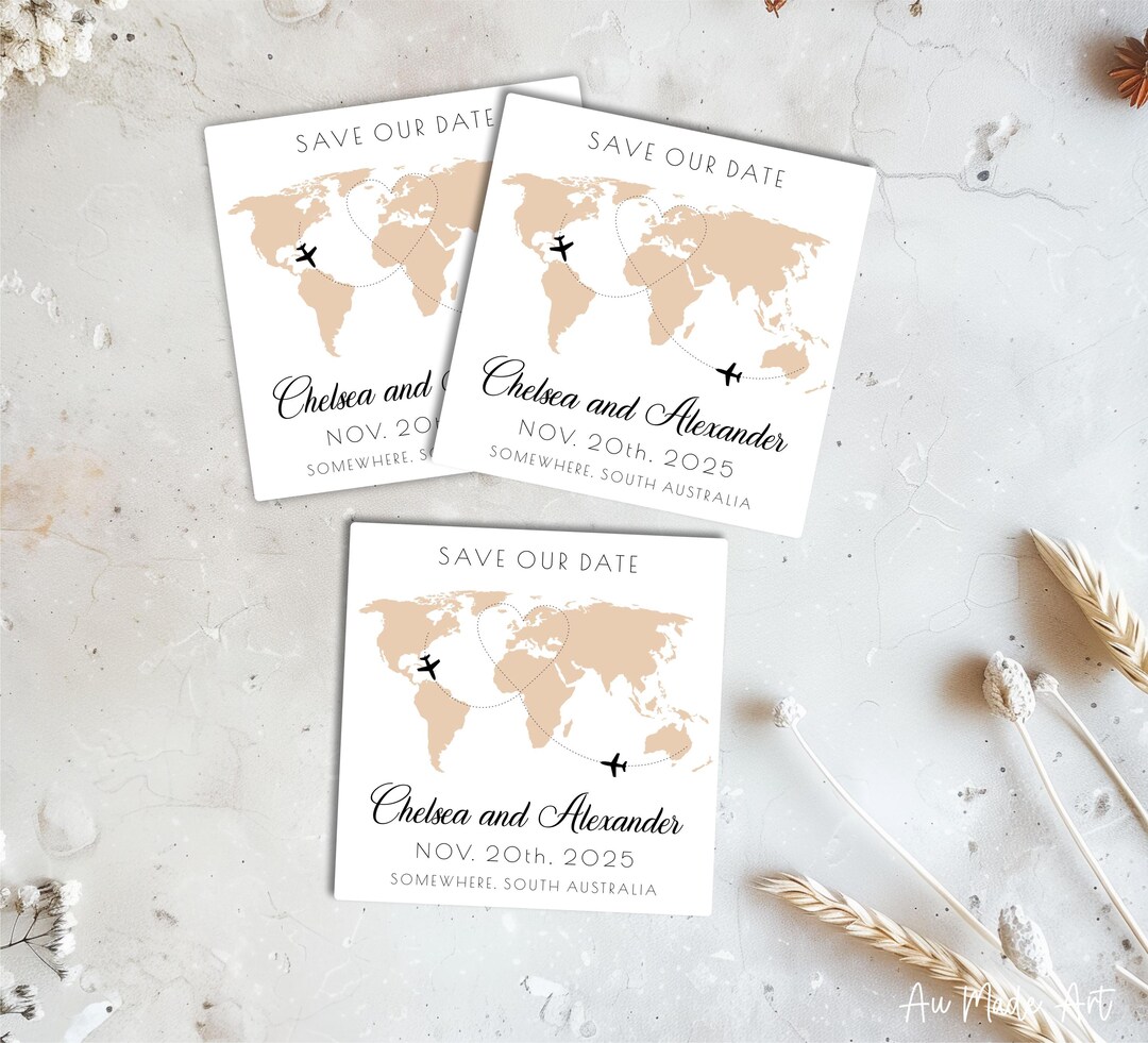 Square Save the Date Magnets With Cards by Oxee, World Map Save the ...