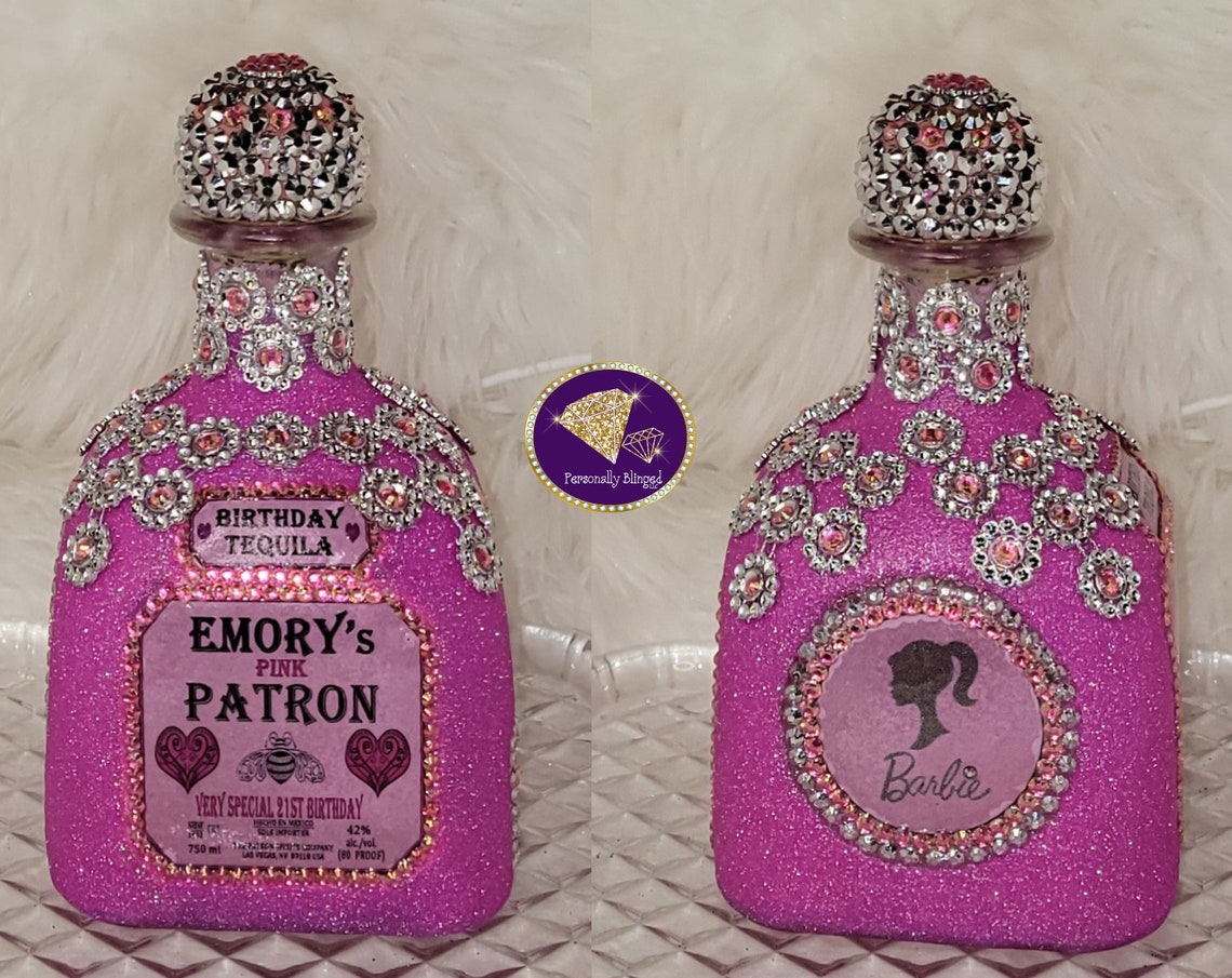 Pink Tequila Bottle Set With Personalized Label, Blinged Crown, Shot ...