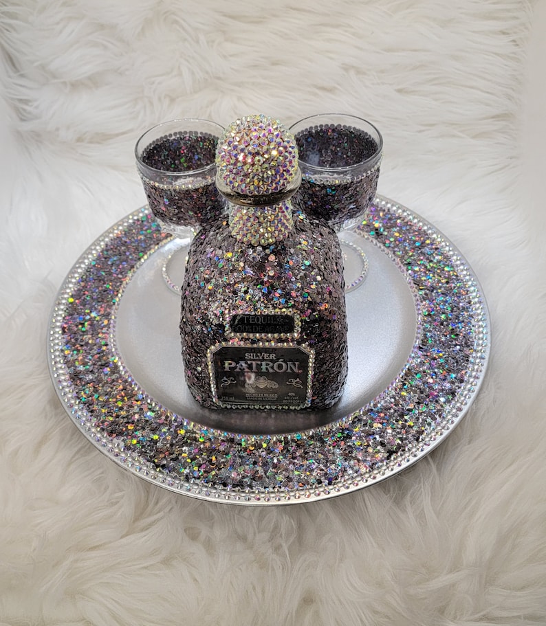 Blinged Onyx 750ml Bottle Set With Glitter Tray "showtyme" - Etsy