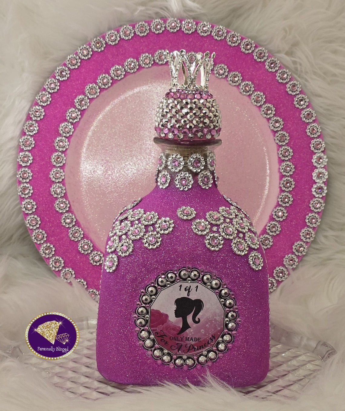 Pink Tequila Bottle Set With Personalized Label, Blinged Crown, Shot ...
