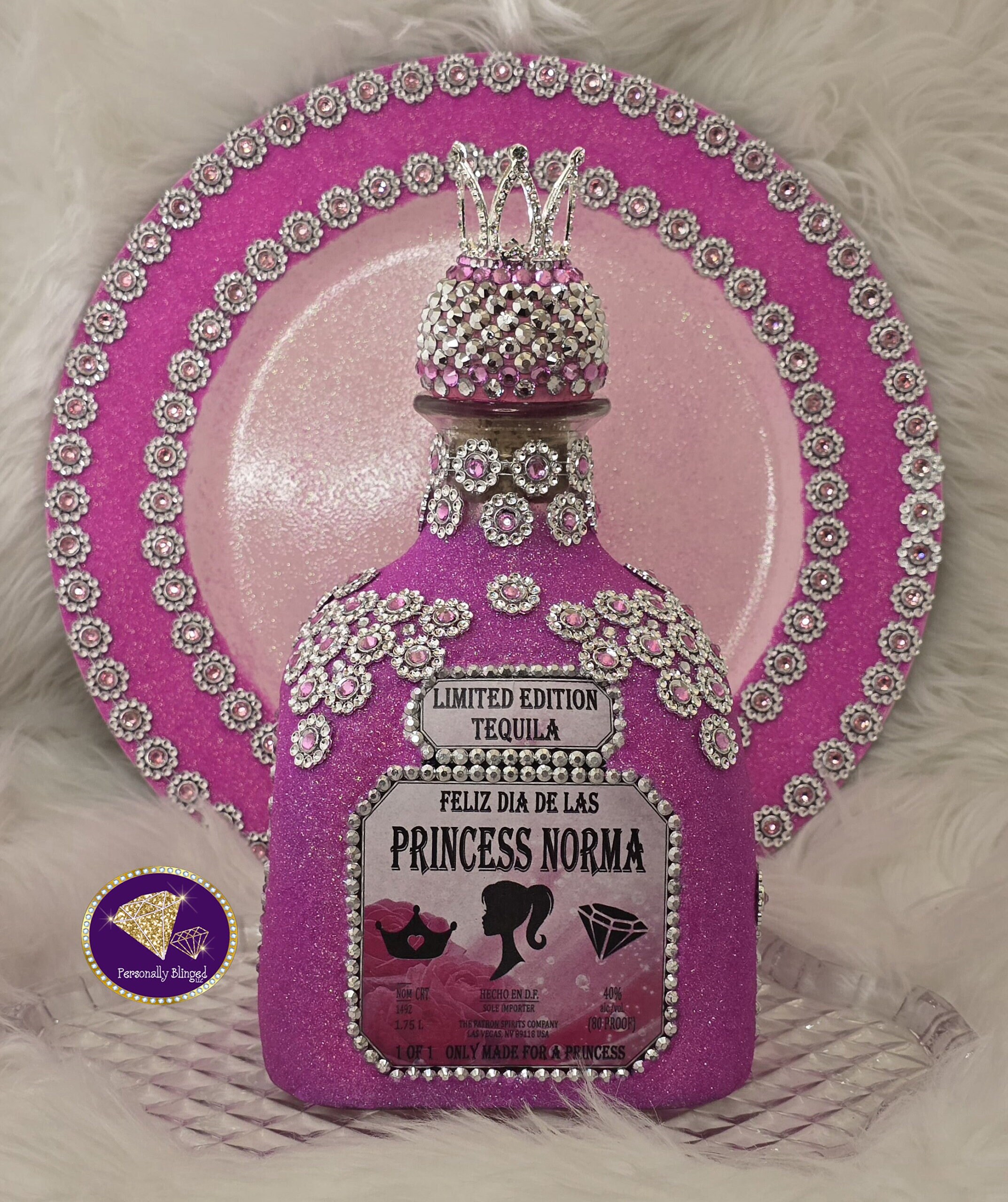 Pink Tequila Bottle Set With Personalized Label, Blinged Crown, Shot ...
