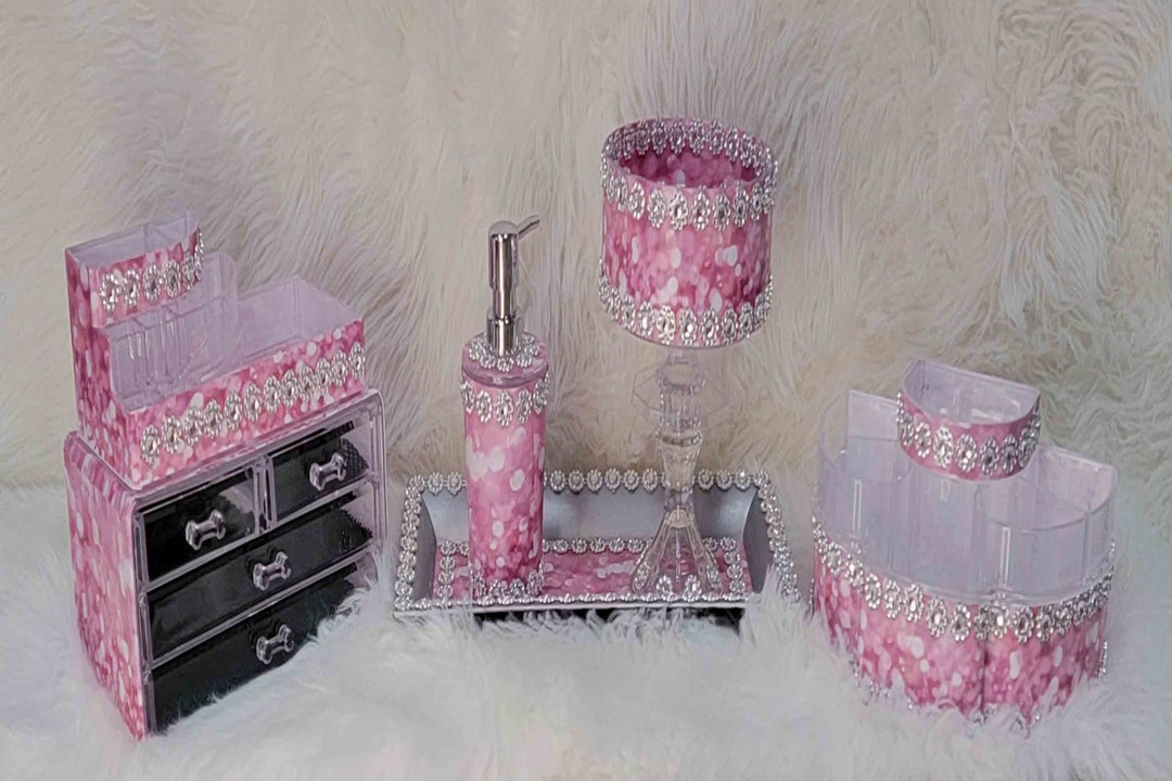 Tickled Pink--blinged Unique Luxury 6-piece Makeup Organizer and Beauty ...