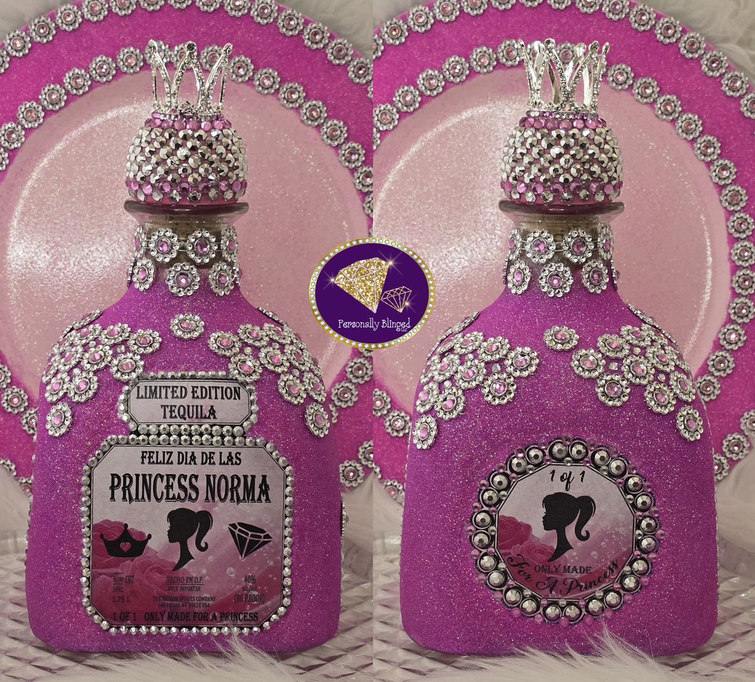 Pink Tequila Bottle Set With Personalized Label, Blinged Crown, Shot ...