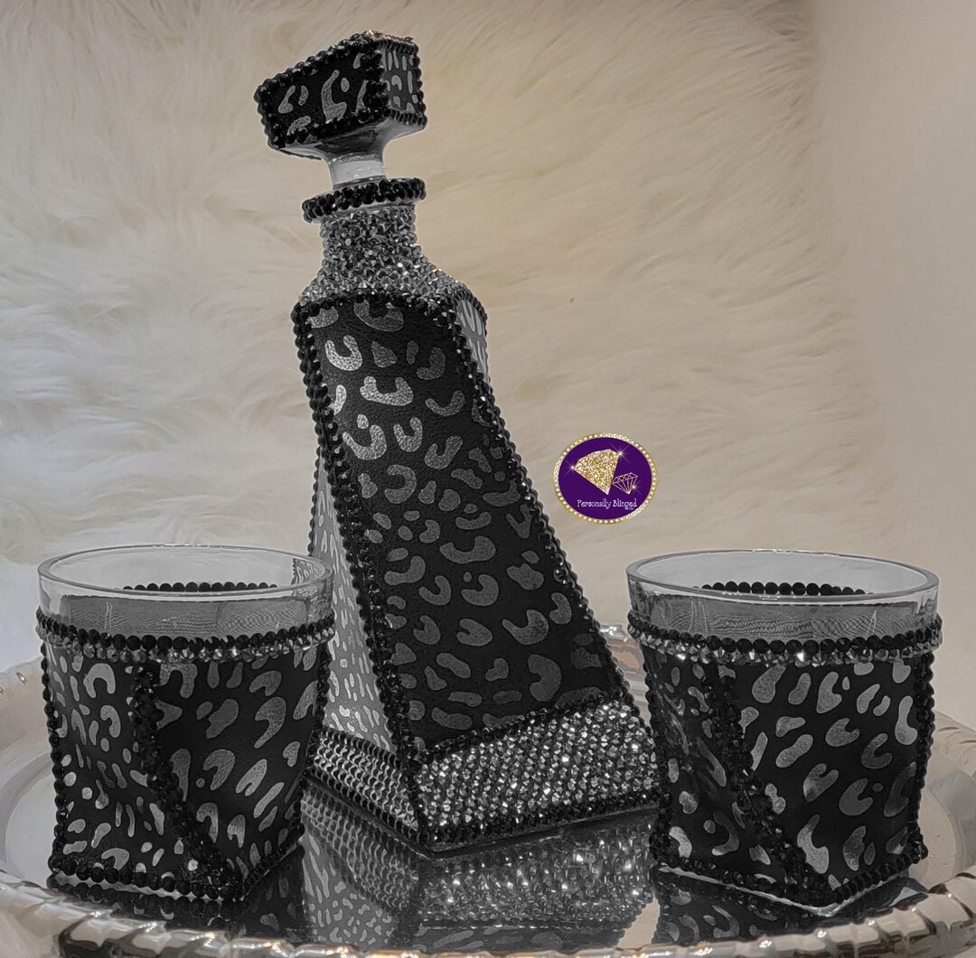 Blinged Out Animal Print Black and Silver 22oz Curved Shape Decanter ...