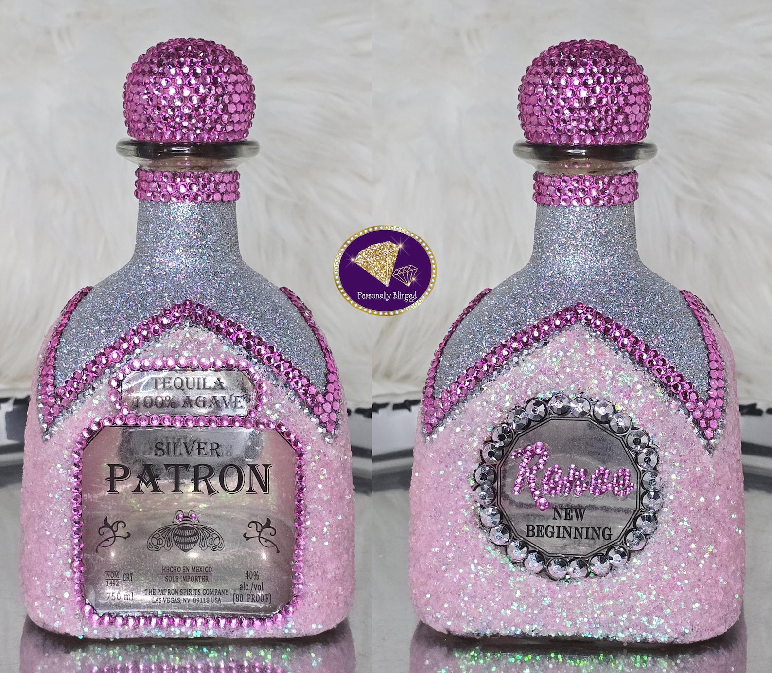 Blinged Pink Liquor Bottle Set: Personalized Peek-a-boo, Glitter Shot ...