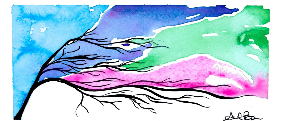 Colorful Windblown Tree, Watercolor Art Print - Etsy
