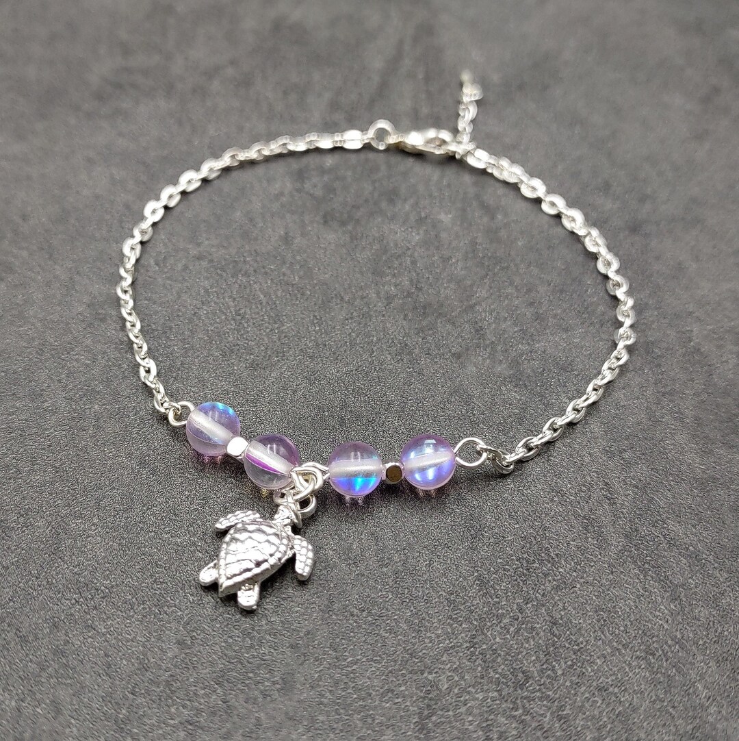 Sea Turtle Anklet Purple Beads Silver Color (approx. 9+ Inches AROUND ...