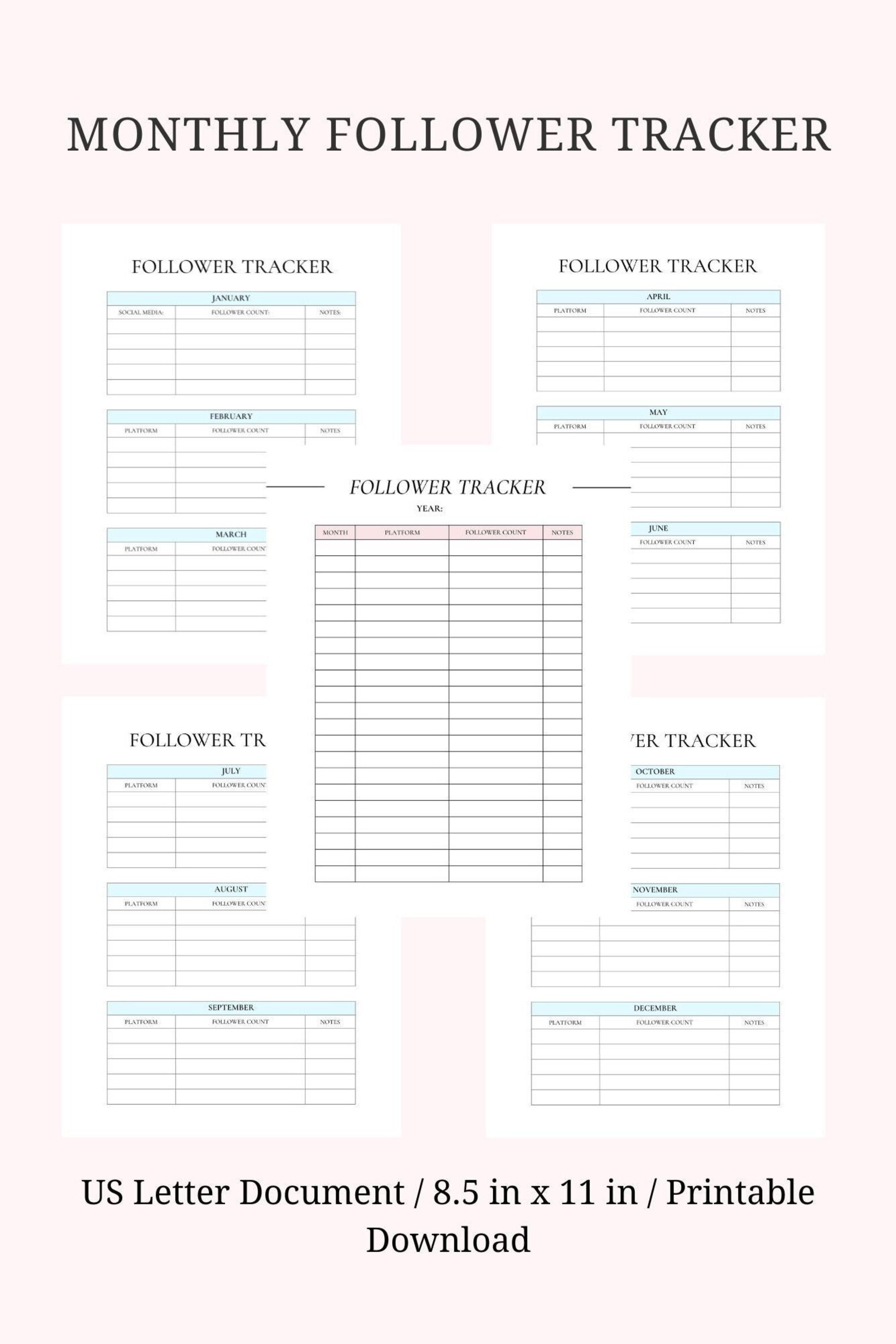 Monthly Follower Tracker Bundle PDF Printable Download - Etsy