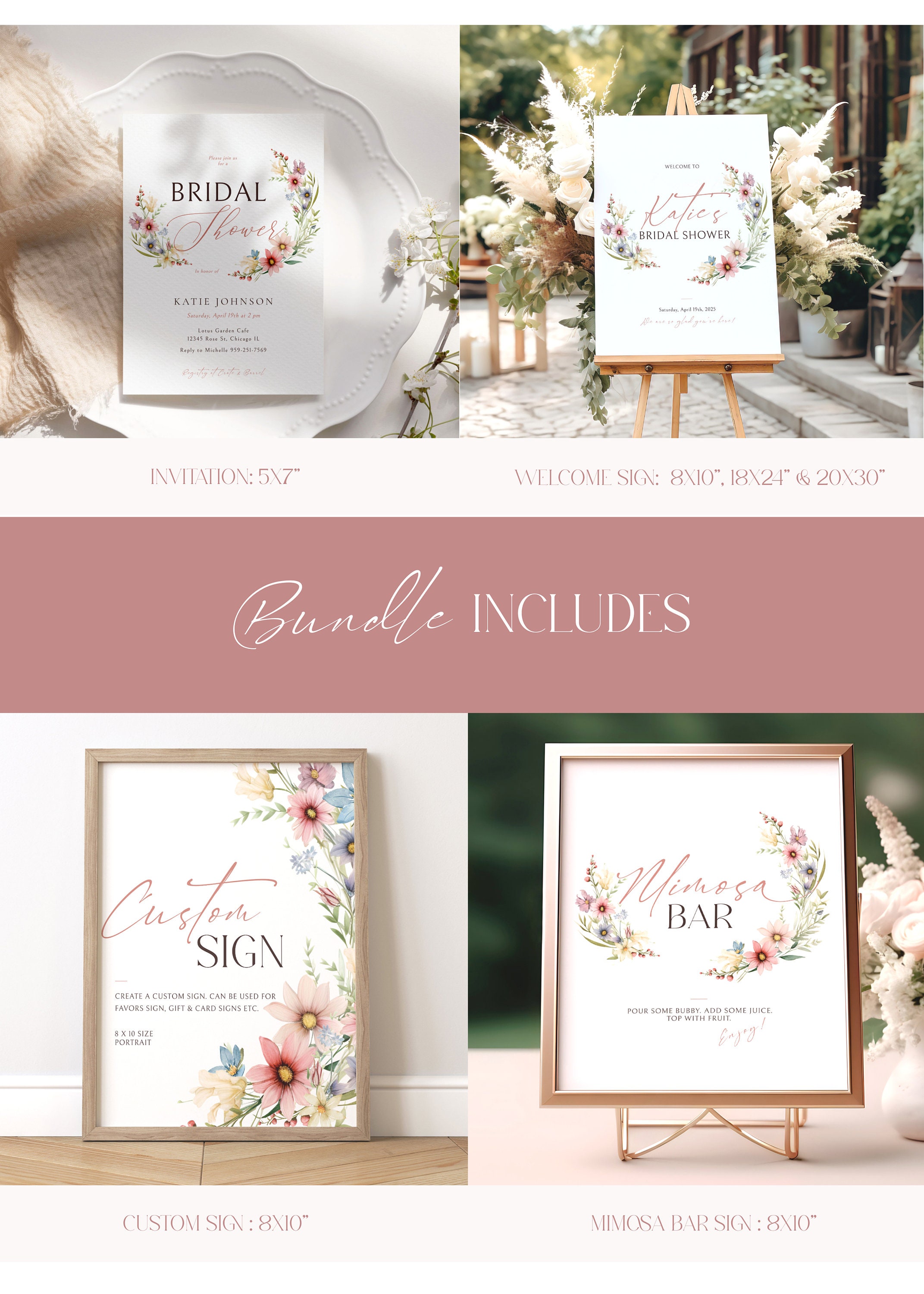 Wildflower Bridal Shower Invitation Bundle, Spring Bridal Shower Invite ...