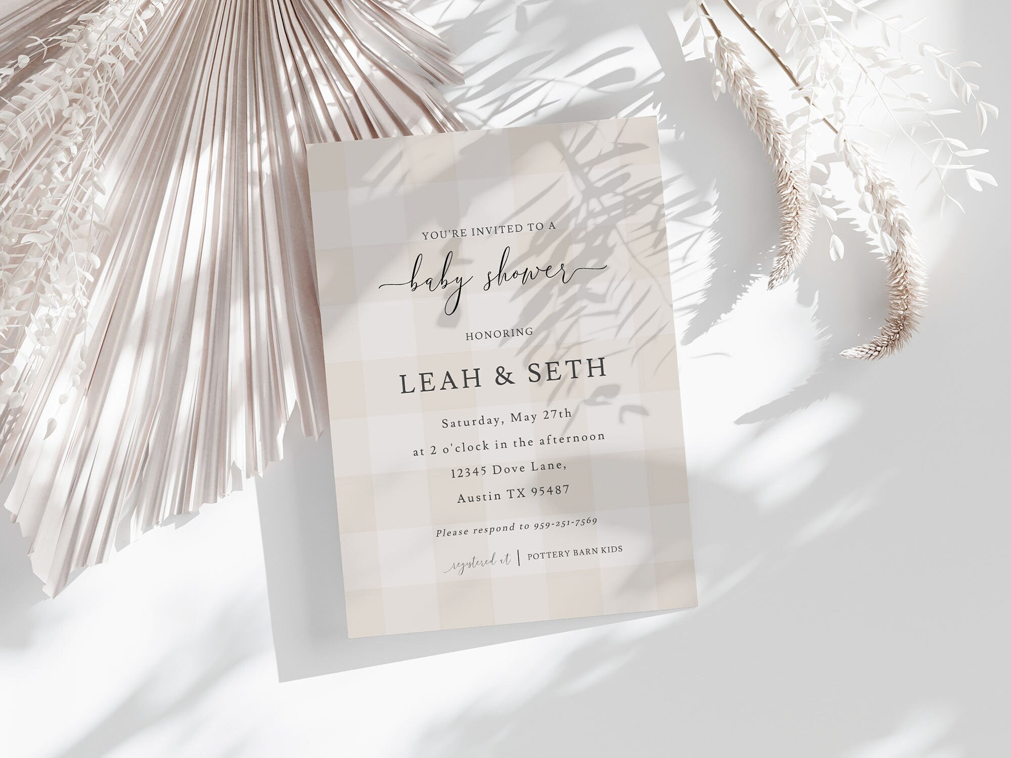Gingham Baby Shower Invitation, Beige, Baby Shower Invite Template ...