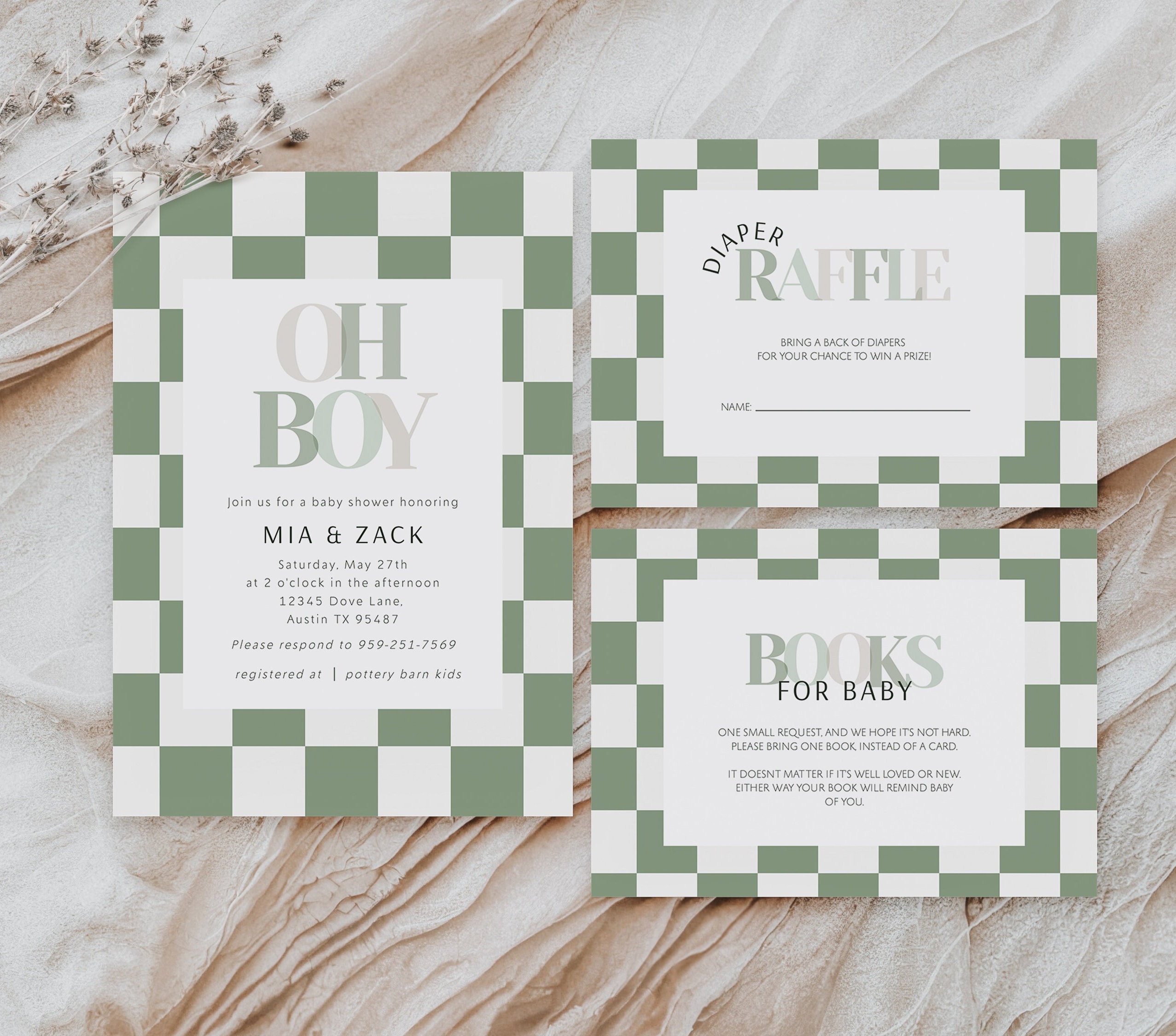 Checkered Baby Shower Invitation Set Template, Sage Green, Editable Oh ...