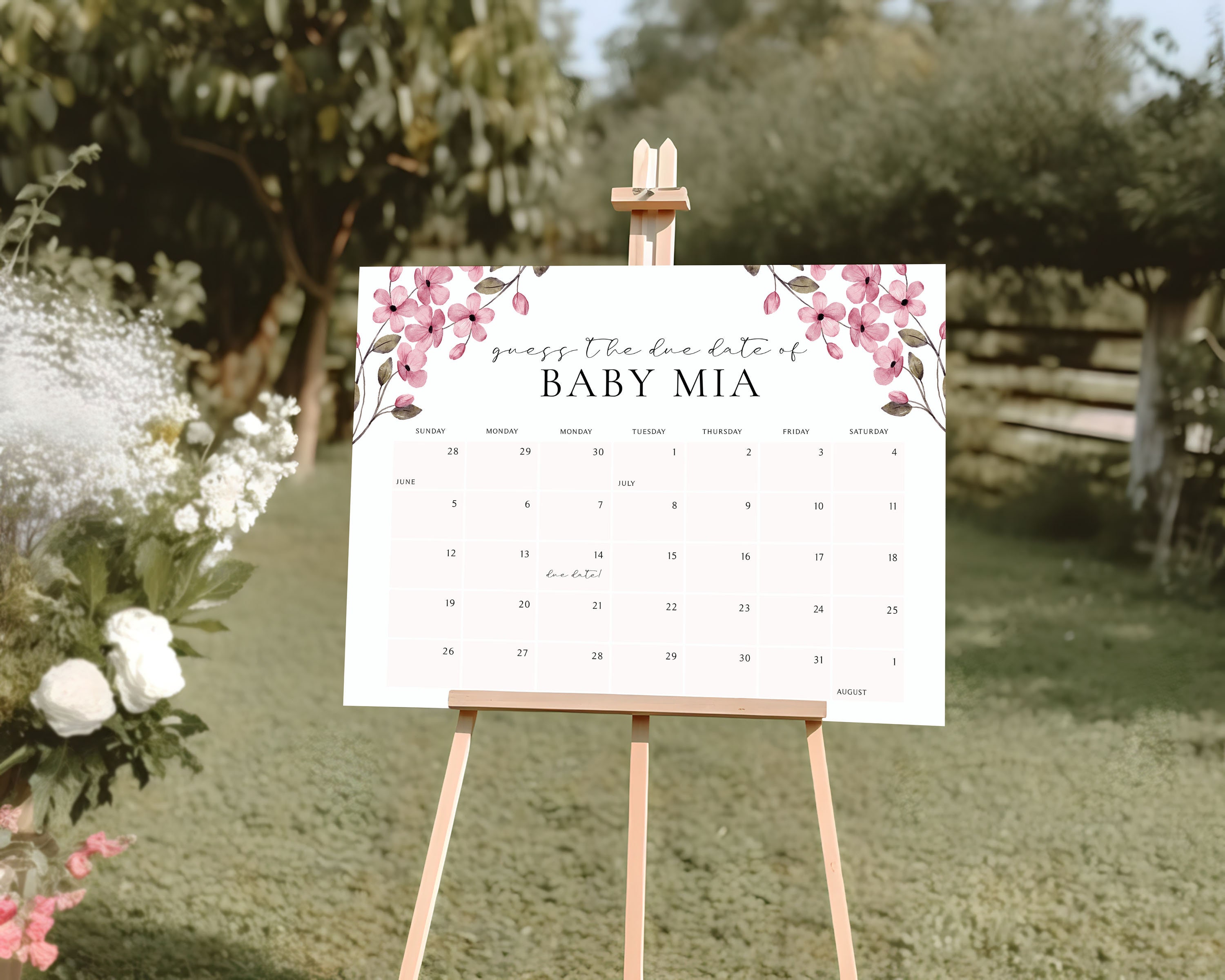 Pink Floral Guess Due Date Calendar, Guess Baby's Birthday, Baby Shower ...