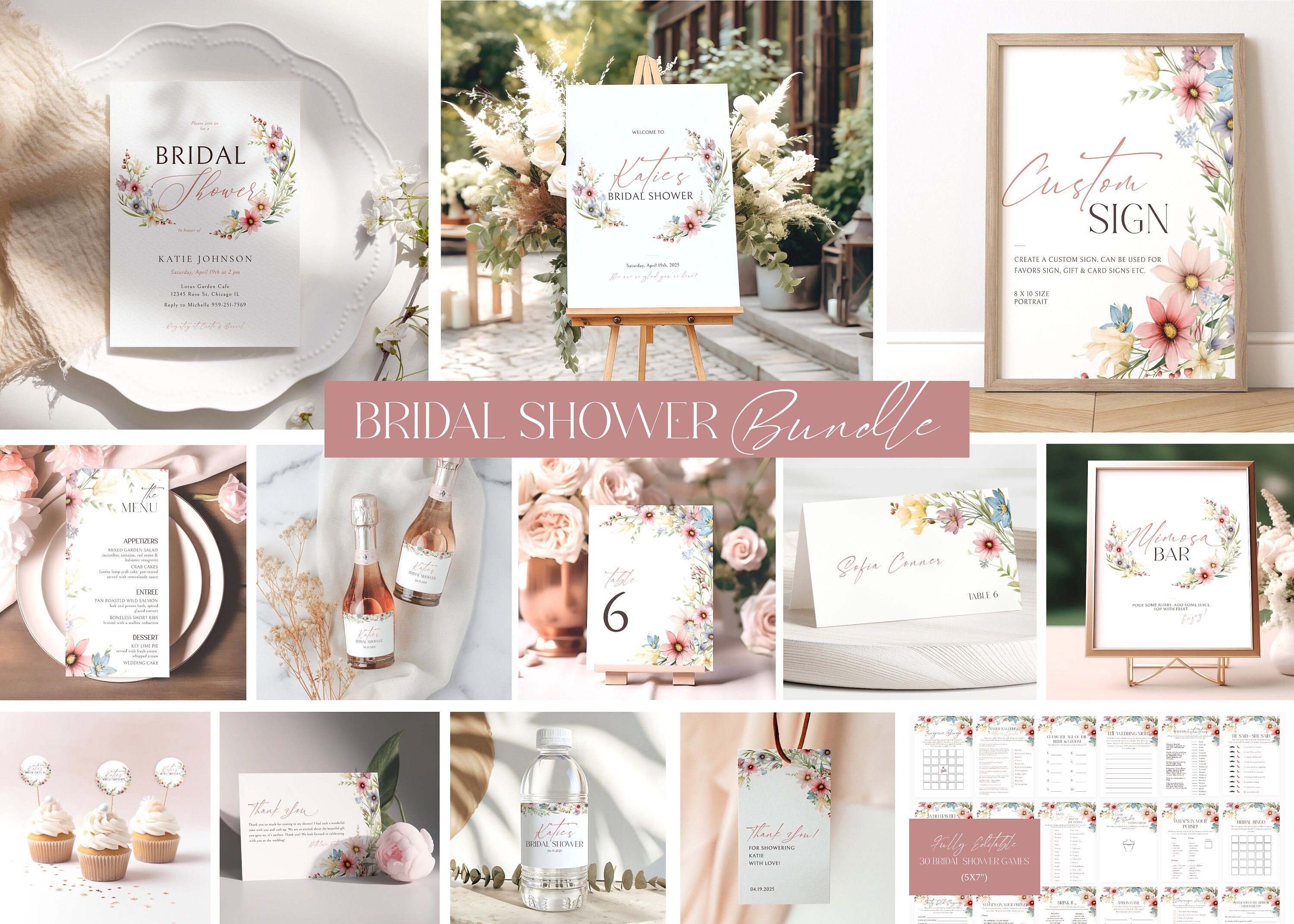 Wildflower Bridal Shower Invitation Bundle, Spring Bridal Shower Invite ...