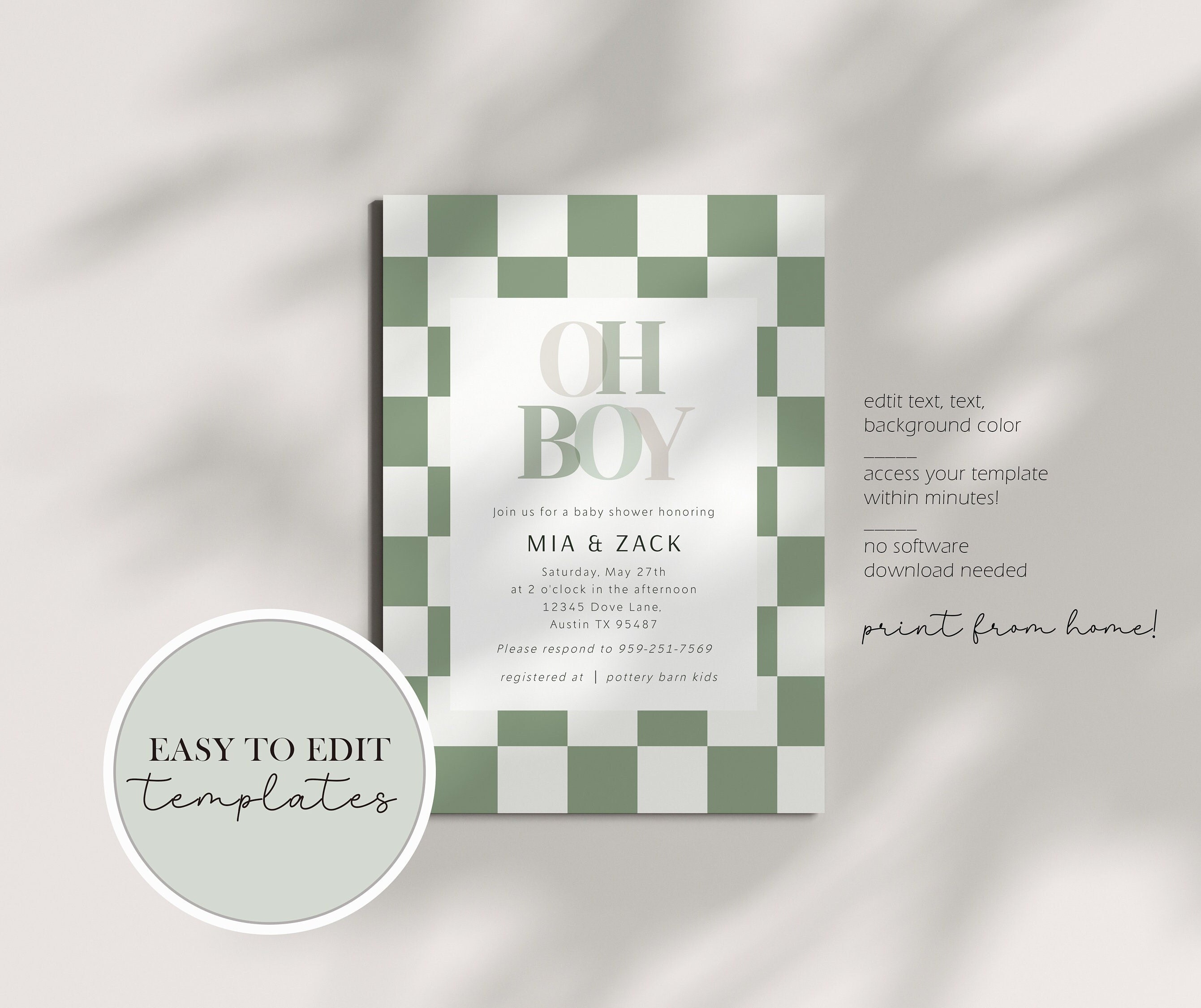 Checkered Baby Shower Invitation Template, Sage Green, Editable Oh Boy ...