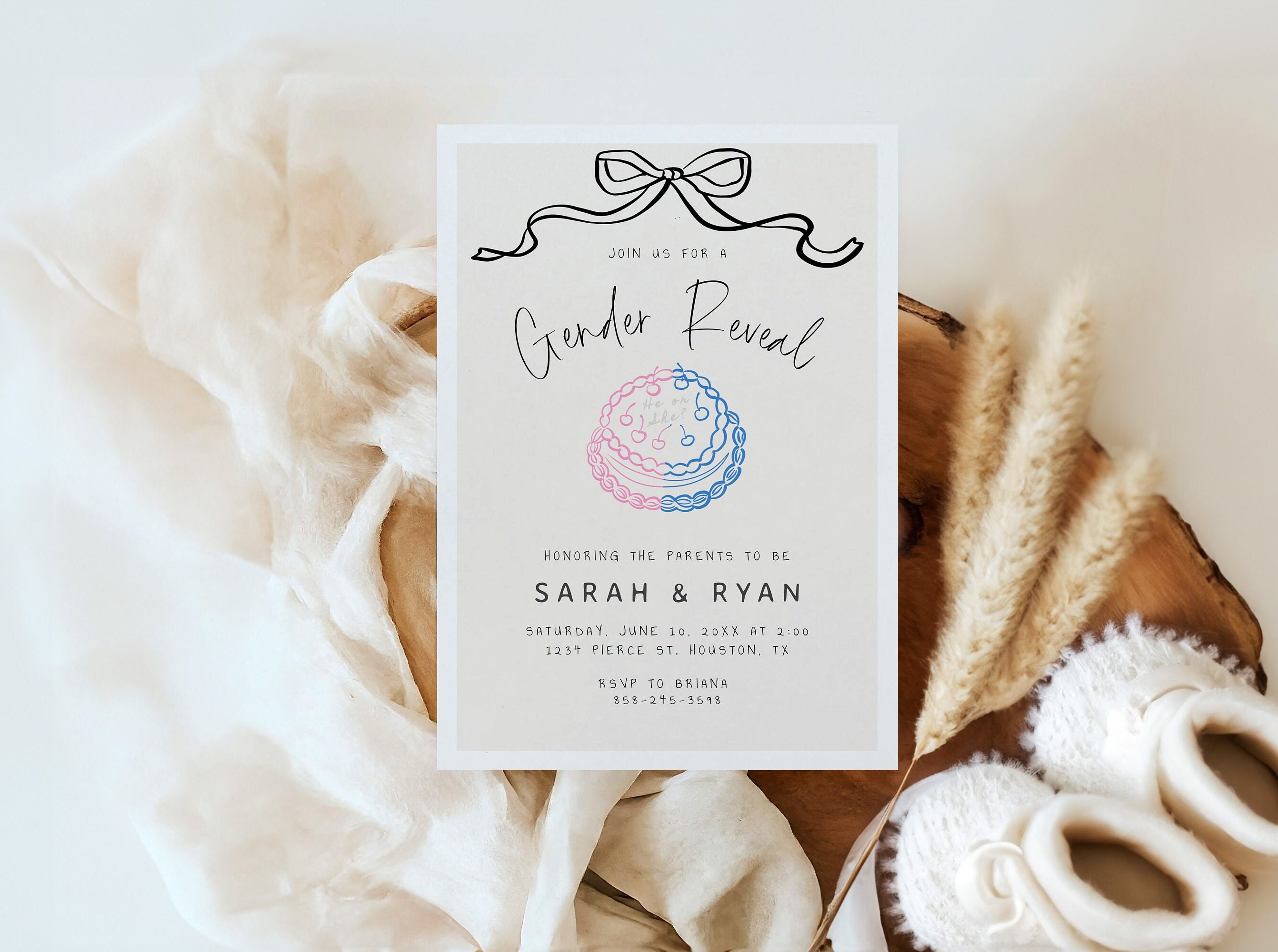 Pink or Blue Baby Gender Reveal Invitation, Editable He or She Baby ...