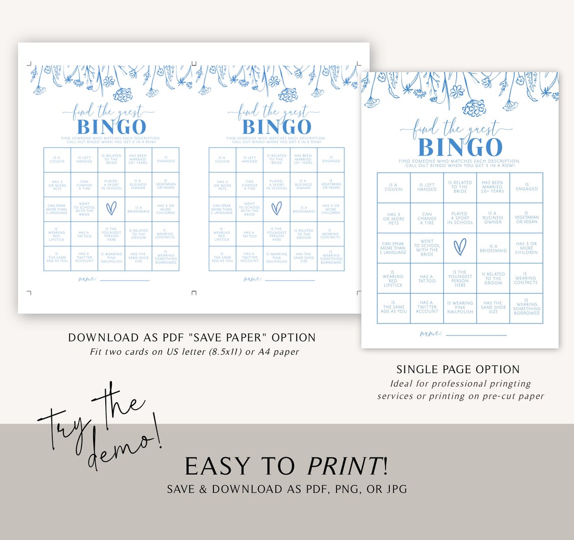 Find the Guest Bingo Game Card Template, Printable Bridal Shower Games ...