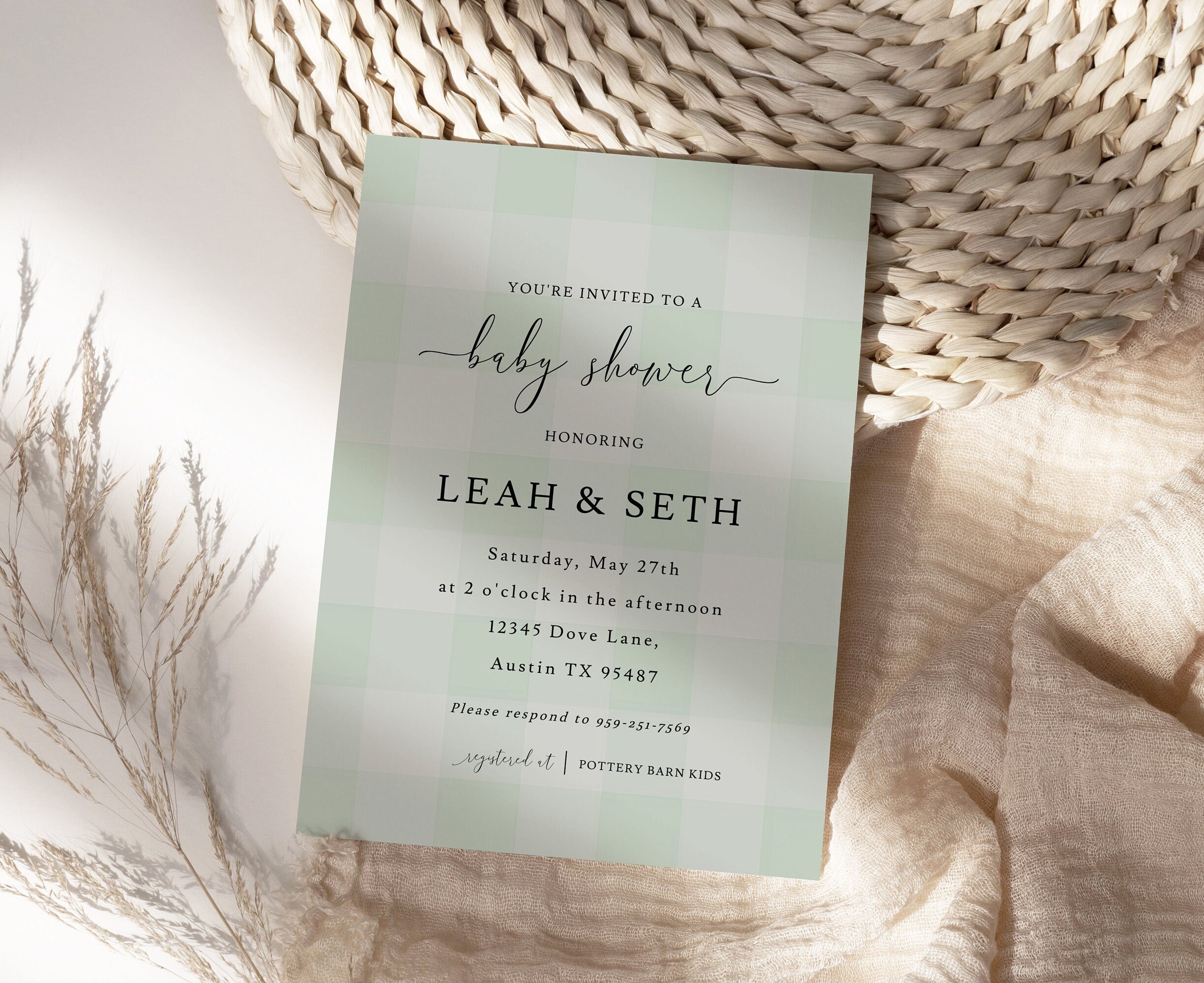 Sage Green Gingham Baby Shower Invitation, Neutral Gingham Baby Shower ...