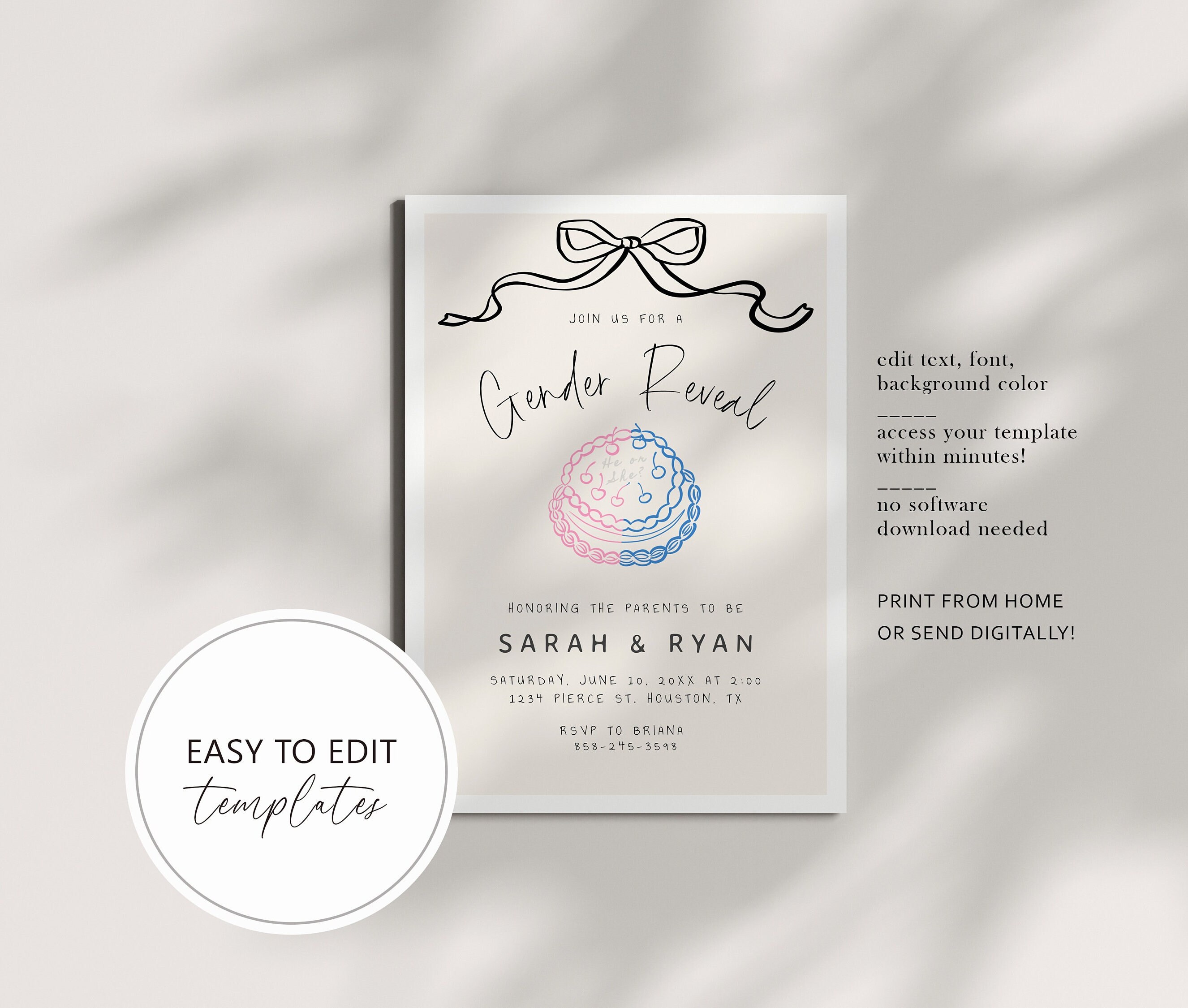 Pink or Blue Baby Gender Reveal Invitation, Editable He or She Baby ...