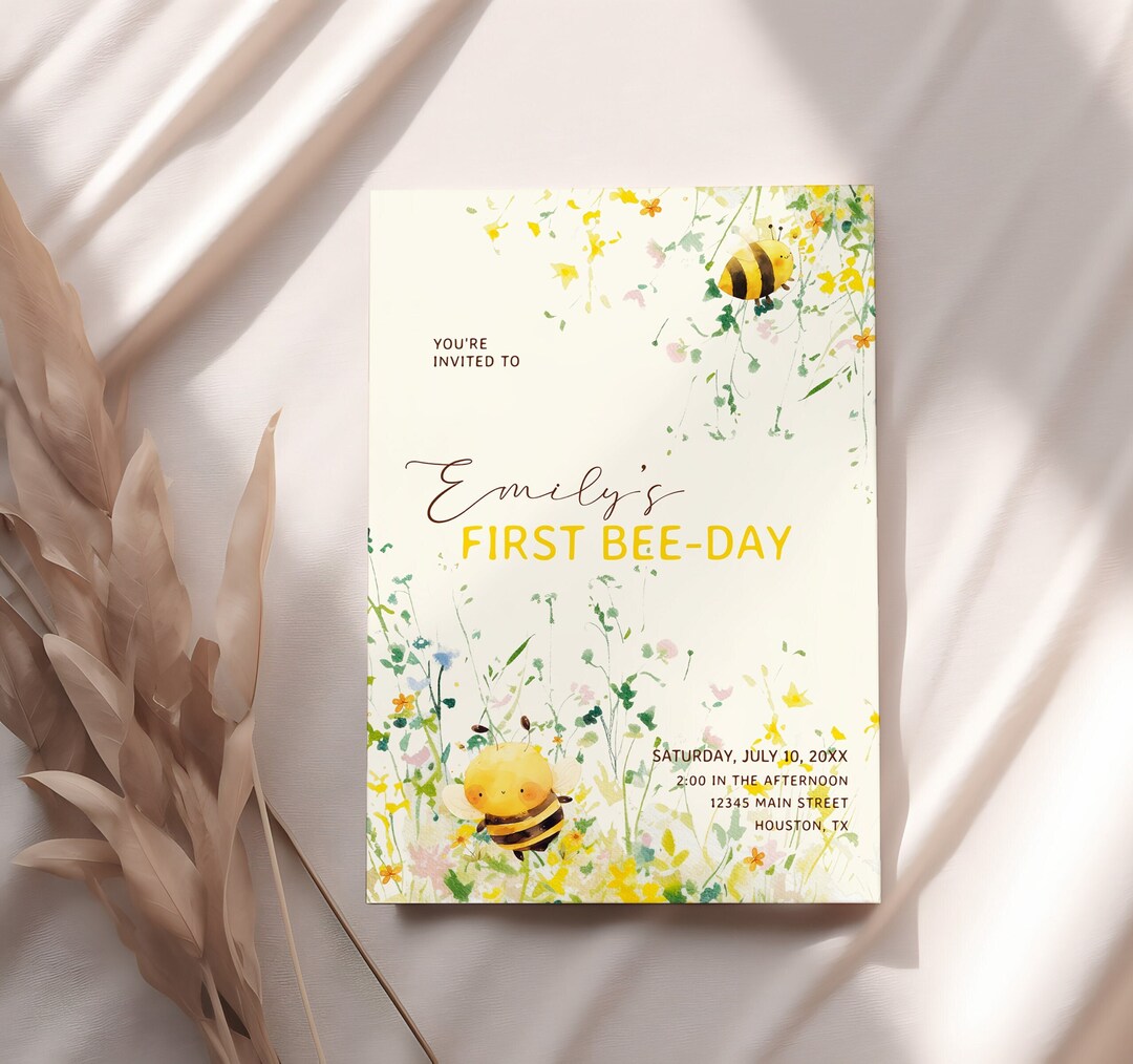 First Bee Day Invitation Template, Editable Bee Birthday Invitation ...
