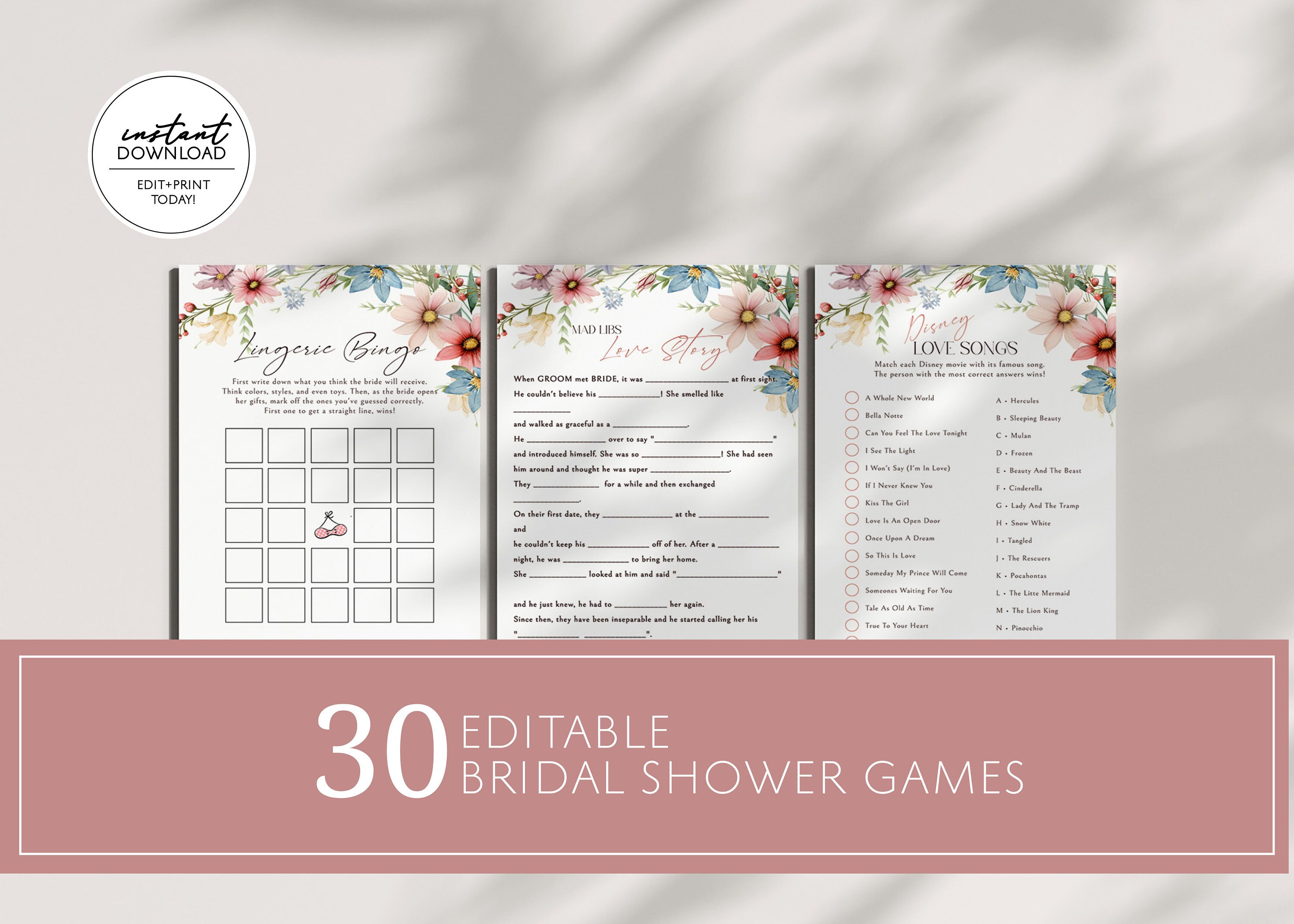 Wildflower Bridal Shower Games Bundle, Bridal Shower Games Bundle, Pink ...
