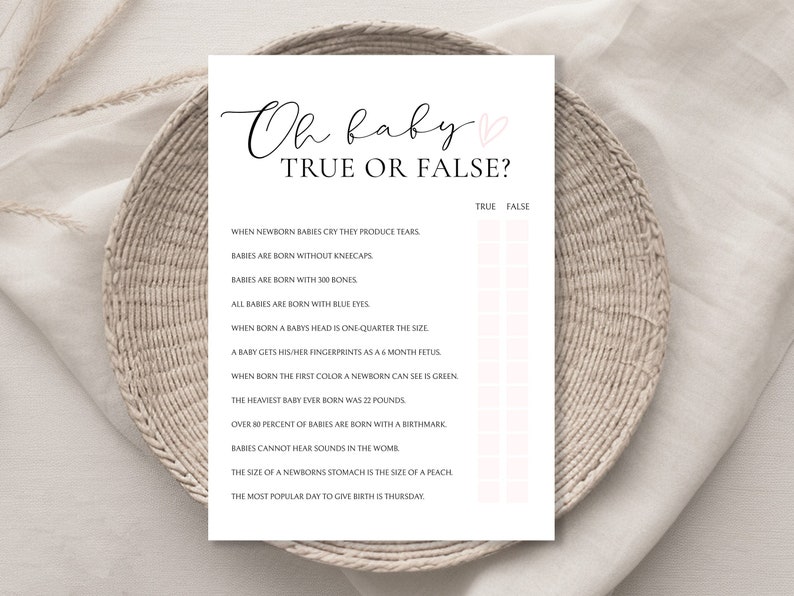 Pink True or False Baby Shower Game Template, Printable Shower Game ...