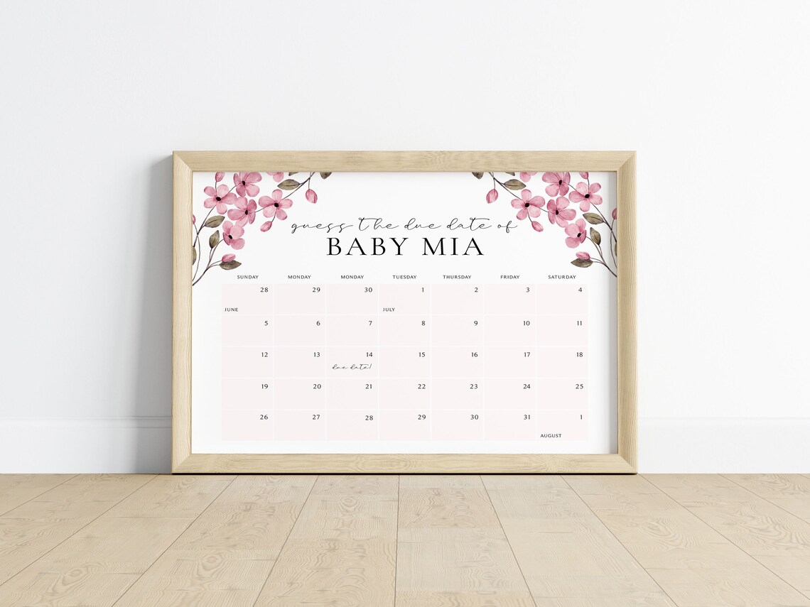Pink Floral Guess Due Date Calendar, Guess Baby's Birthday, Baby Shower ...