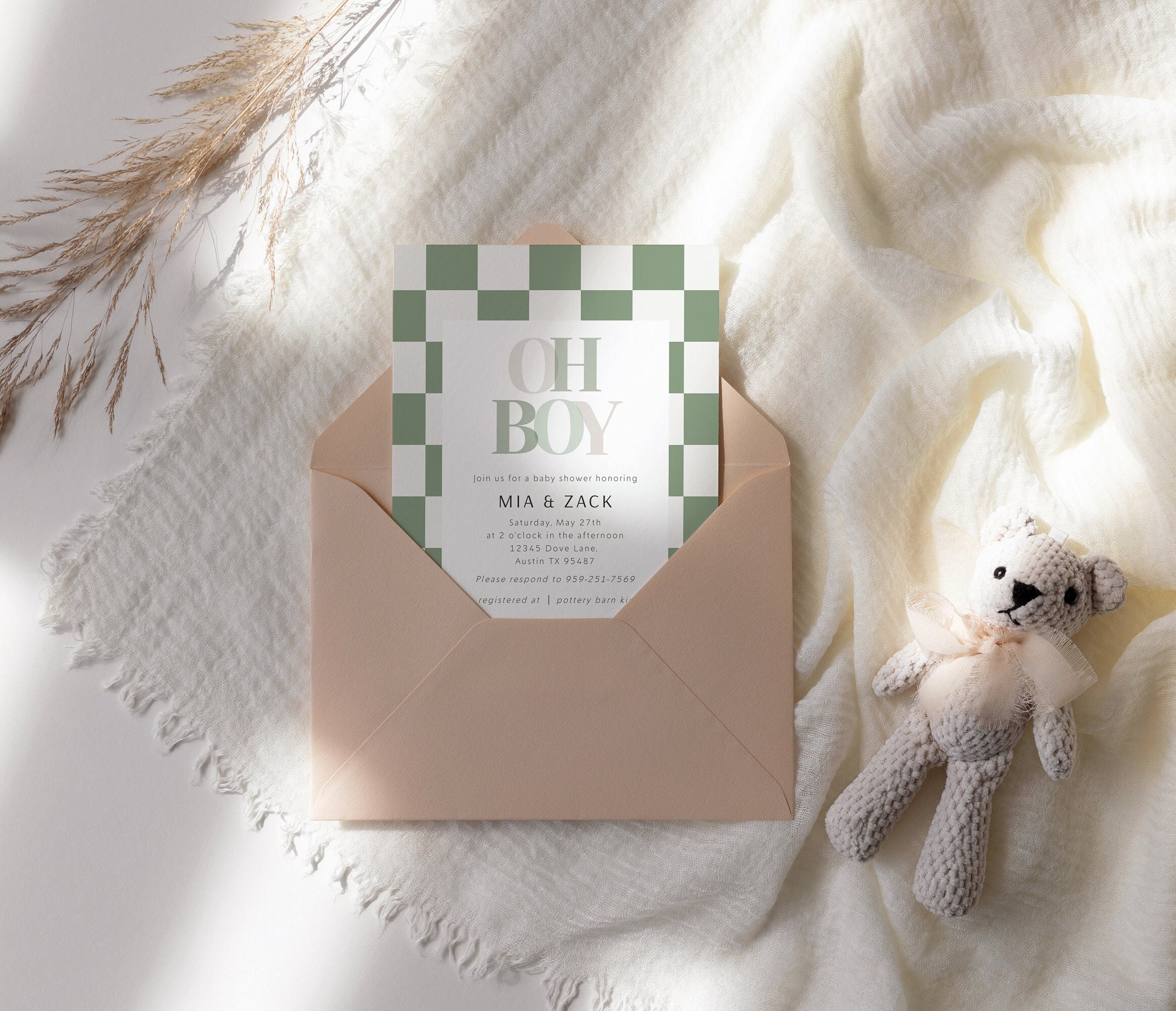 Checkered Baby Shower Invitation Template, Sage Green, Editable Oh Boy ...