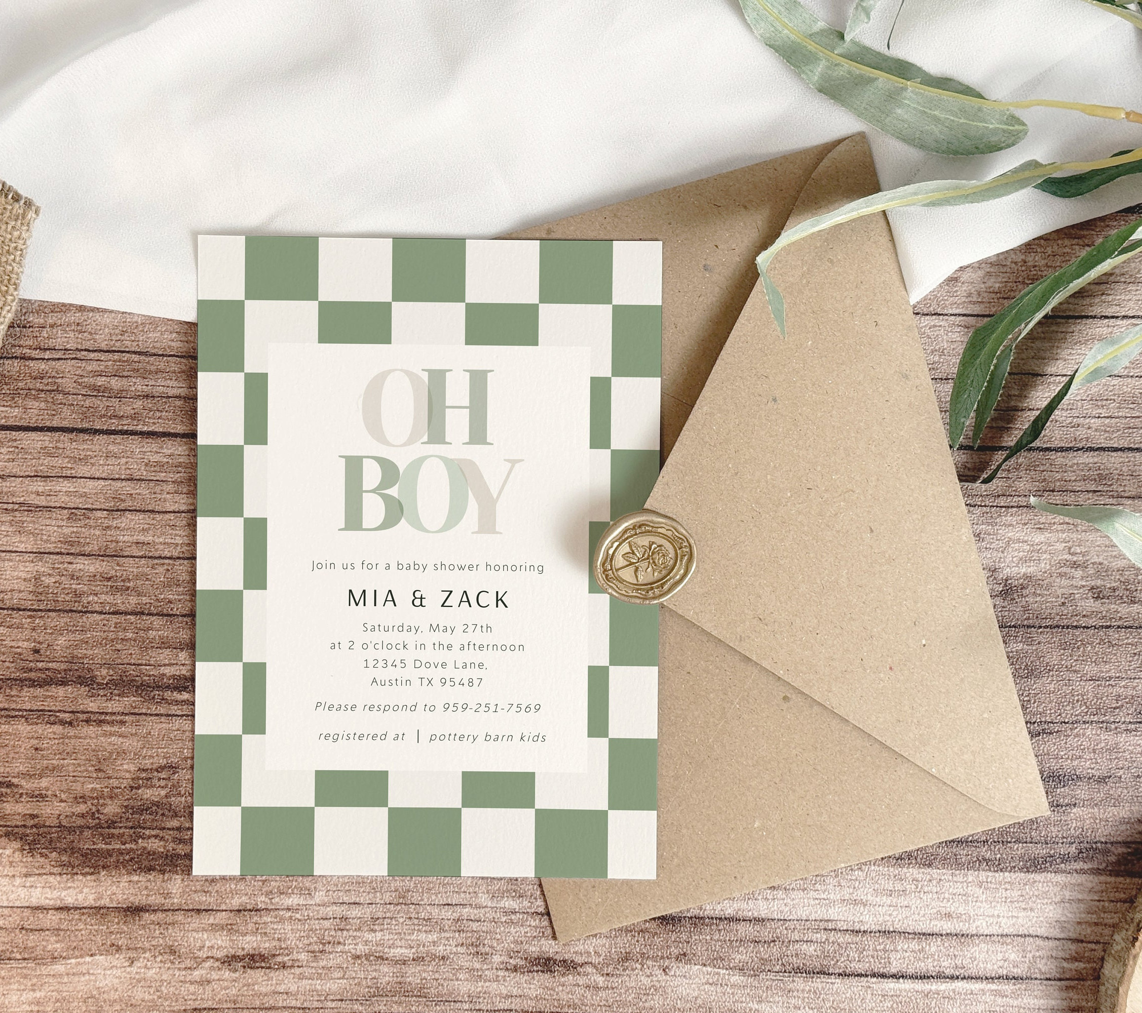 Checkered Baby Shower Invitation Template, Sage Green, Editable Oh Boy ...