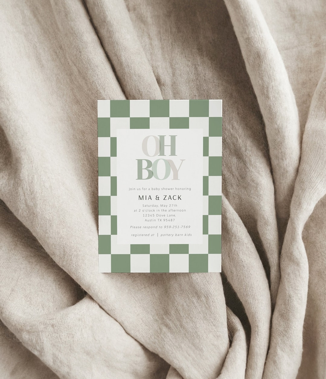 Checkered Baby Shower Invitation Template, Sage Green, Editable Oh Boy ...