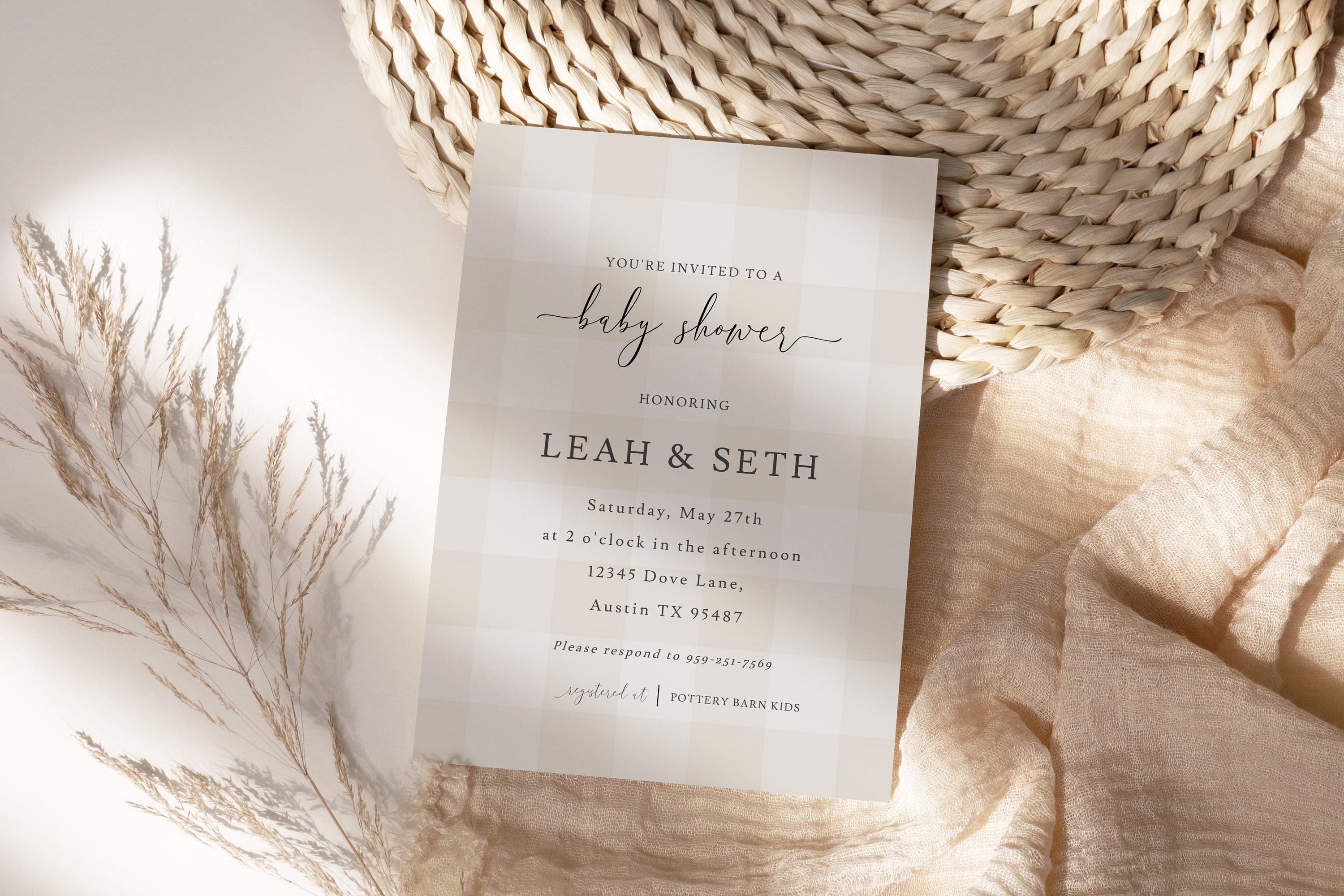 Gingham Baby Shower Invitation, Beige, Baby Shower Invite Template ...