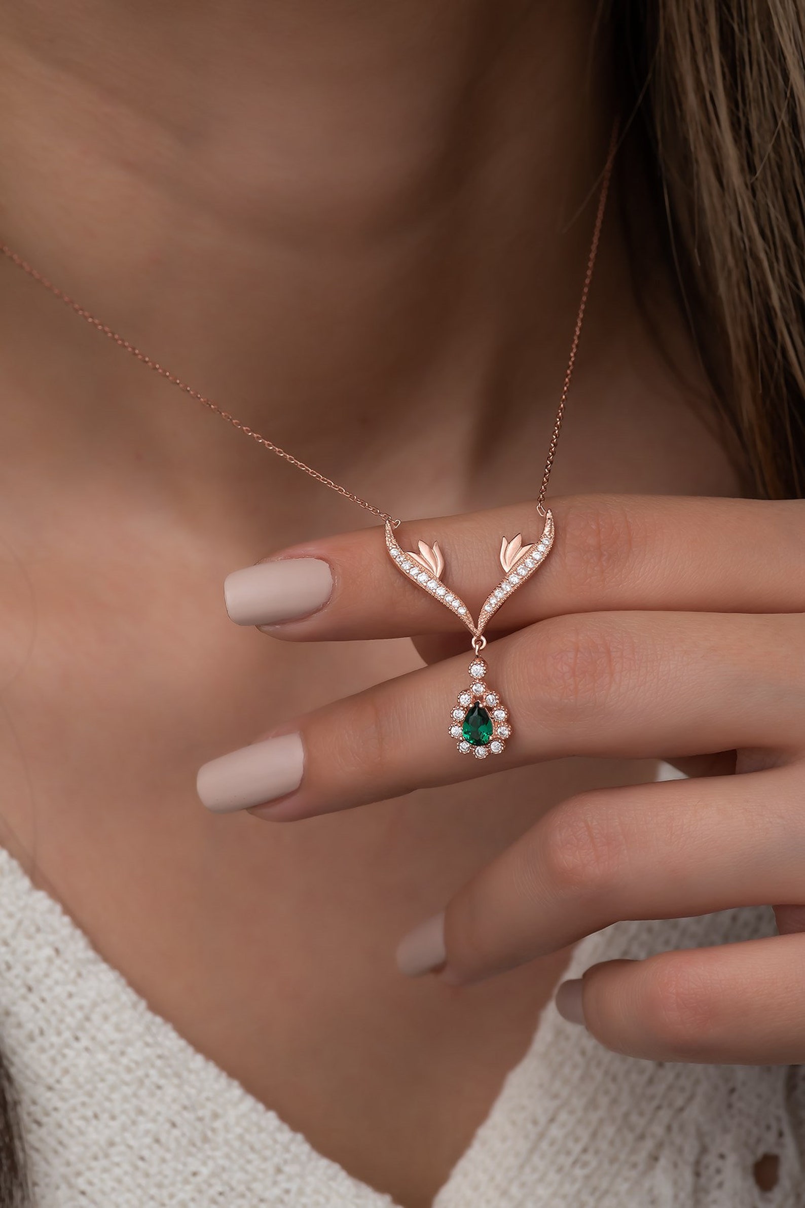 Emerald Green Stone Water Drop Rose Gold Plated 925 Sterling - Etsy