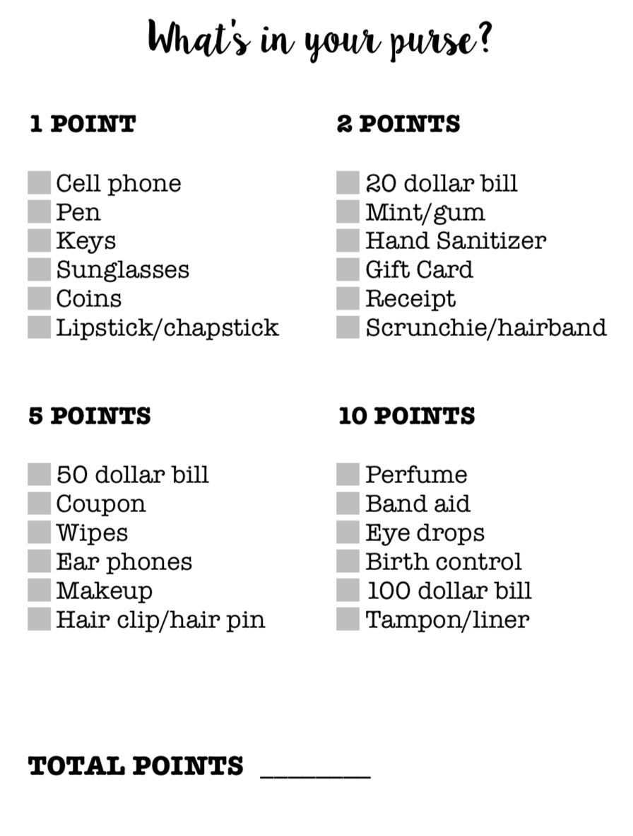 Baby Shower, Baby Shower Games, Whats in Your Purse Game, Purse Game ...