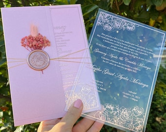 Gold Foil Printed Tri-fold Envelope, Acrylic Floral Quinceañera ...