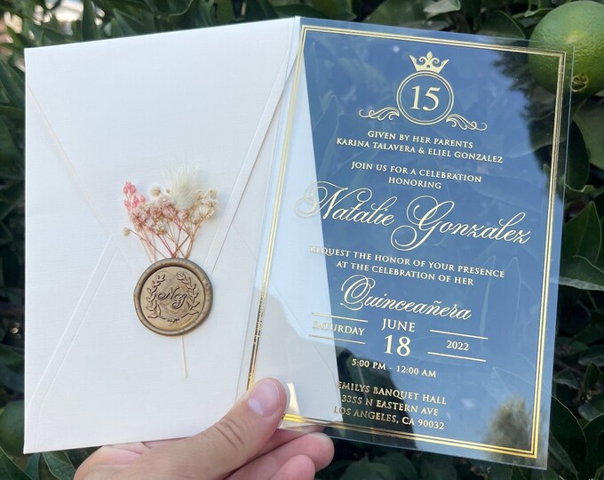 15 Anos Acrylic Invitations. Gold Foil Printed Acrylic Quinceañera ...
