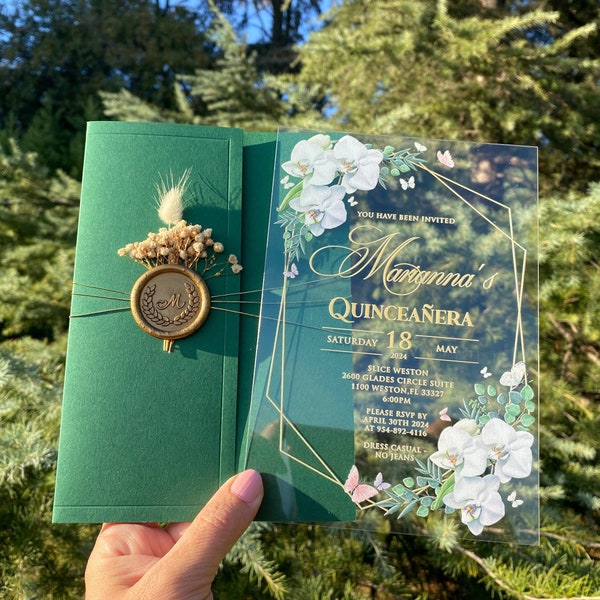 Unique Acrylic Invitation With Gold Print Envelope Floral Lines Black ...