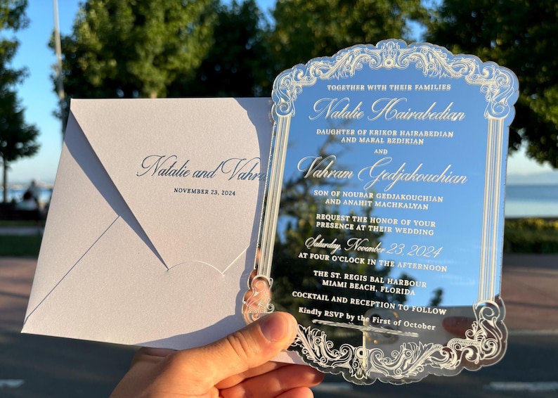 Custom Silver Mirrored Wedding Invitation: White Pearlescent Envelope ...