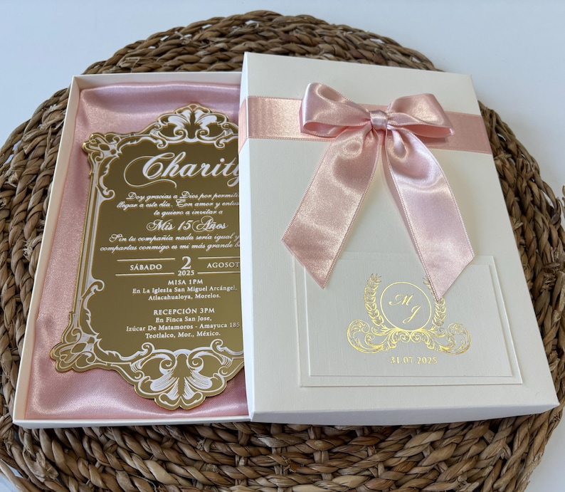Gold Mirrored Quinceañera Invitation: Pink Ribbon, Satin Box - Etsy